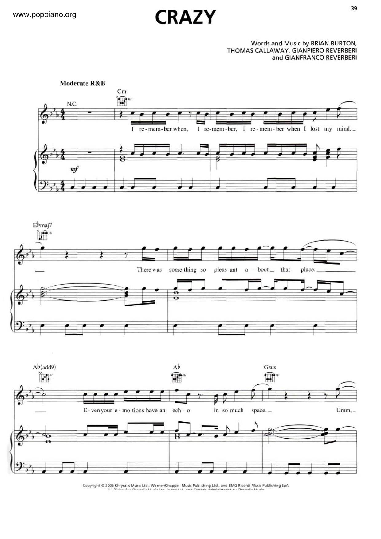 Gnarls Barkley-Crazy Sheet Music pdf, - Free Score Download ★