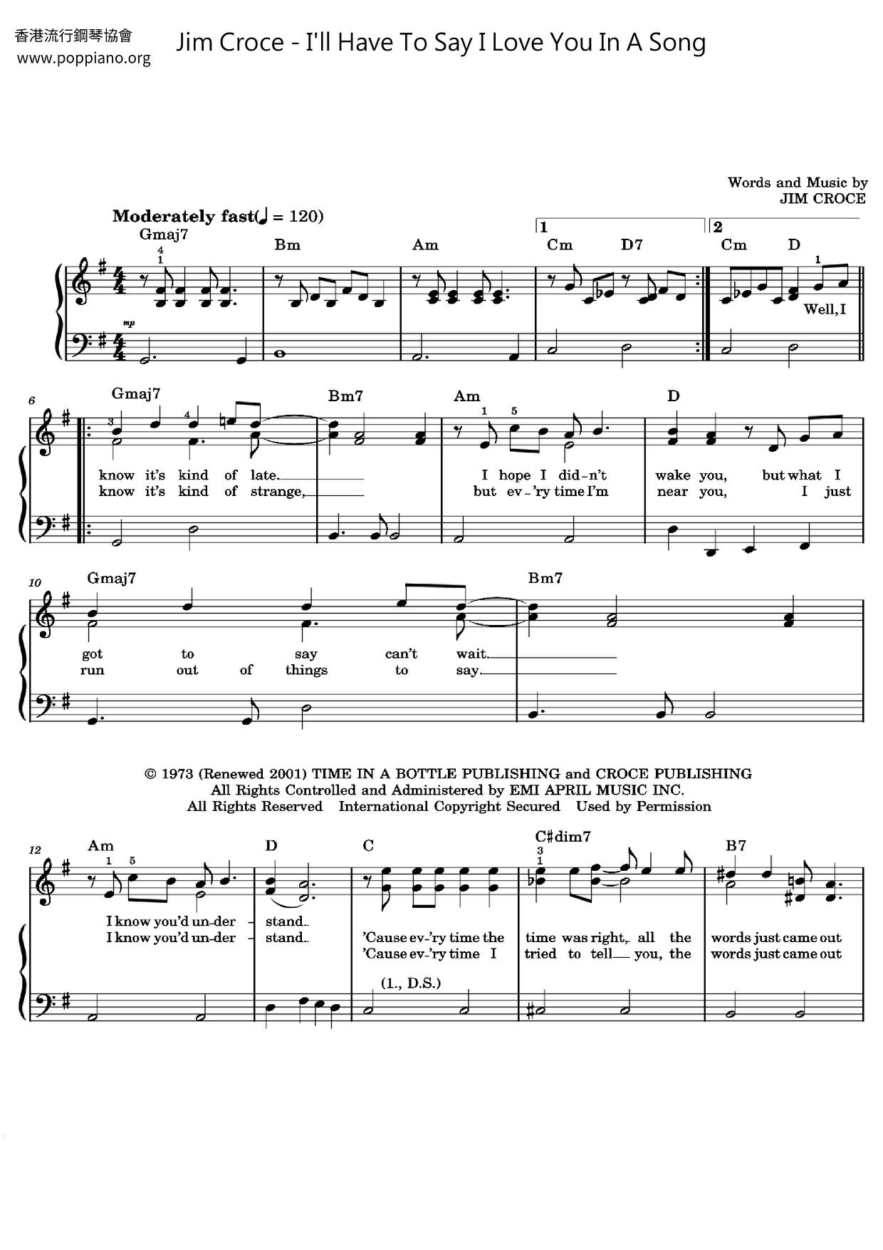 ★Jim Croce - I'll Have To Say I Love You In A Song ピアノ譜pdf- 香港ポップピアノ協会 ...