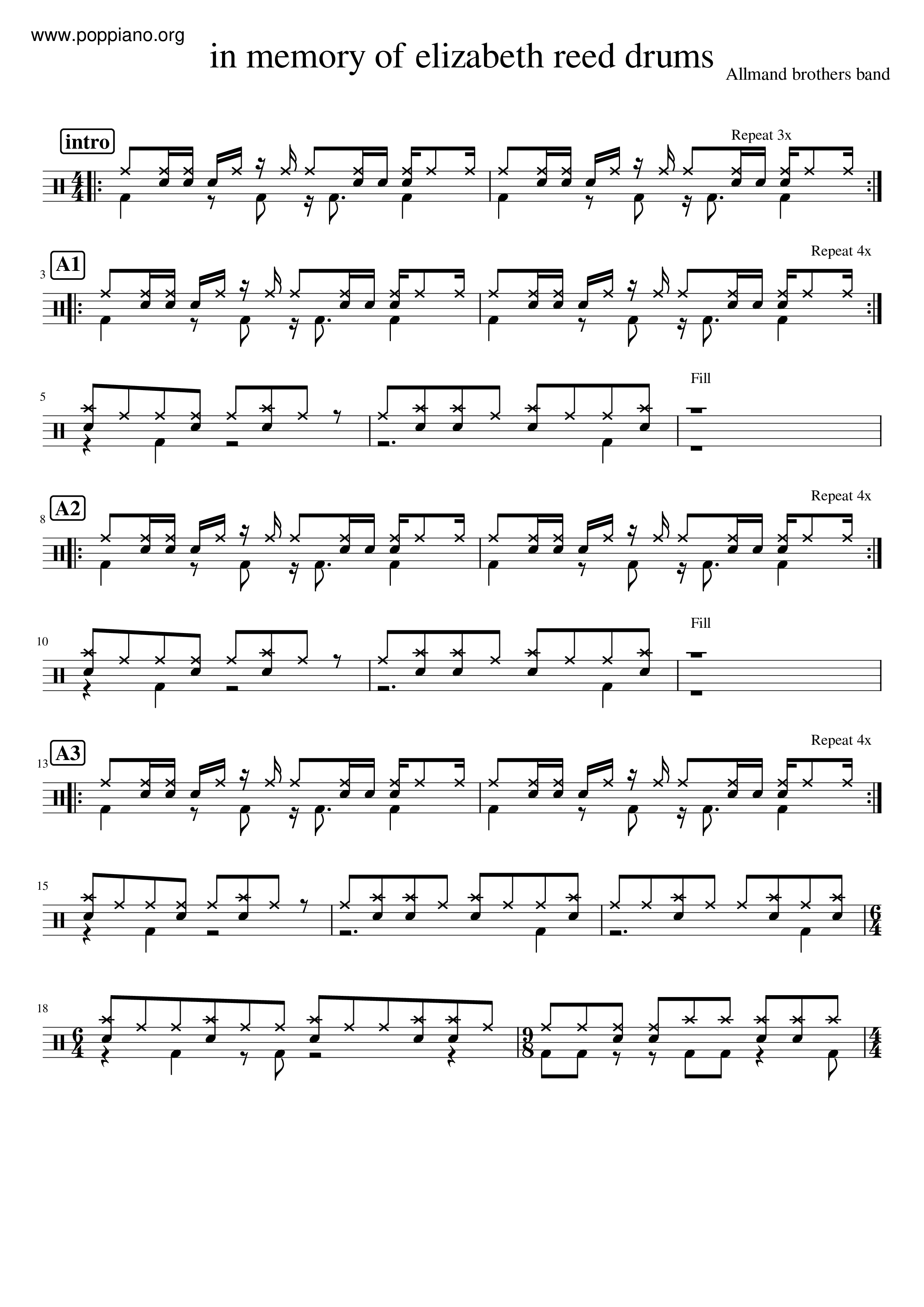 Allman Brothers-In Memory Of Elizabeth Reed Drum Tab pdf, - Free Score ...