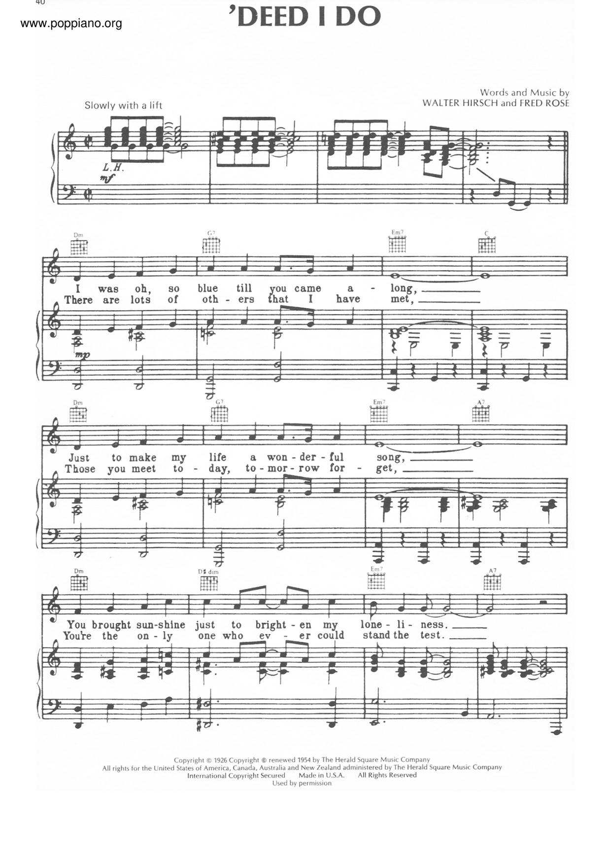 Fred Rose-'Deed I Do Sheet Music pdf, - Free Score Download ★