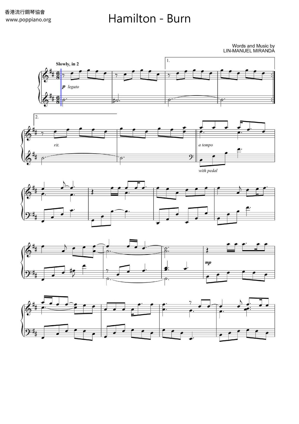 hamilton - burn- PDF琴譜免費下載 - 香港流行鋼琴協會 ★