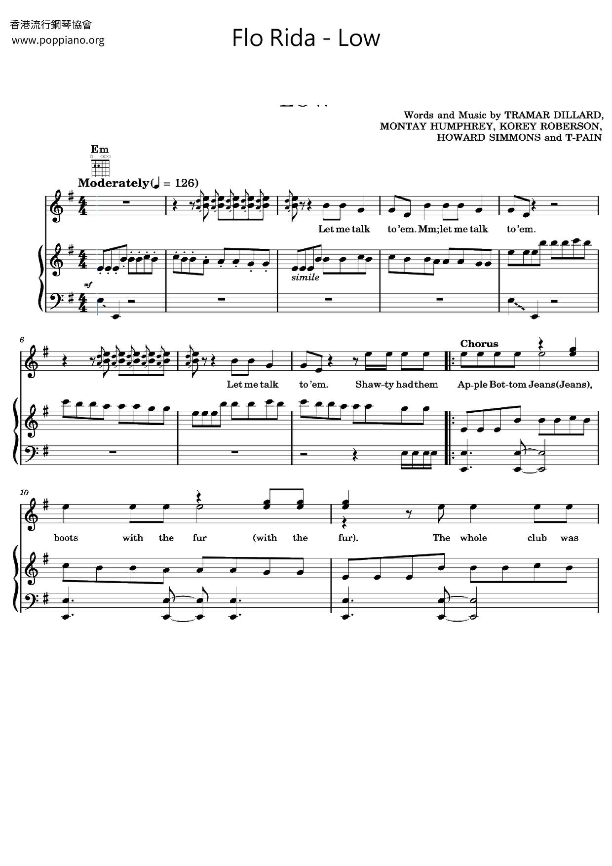 Flo Rida-Low 琴譜pdf-香港流行鋼琴協會琴譜下載 ★