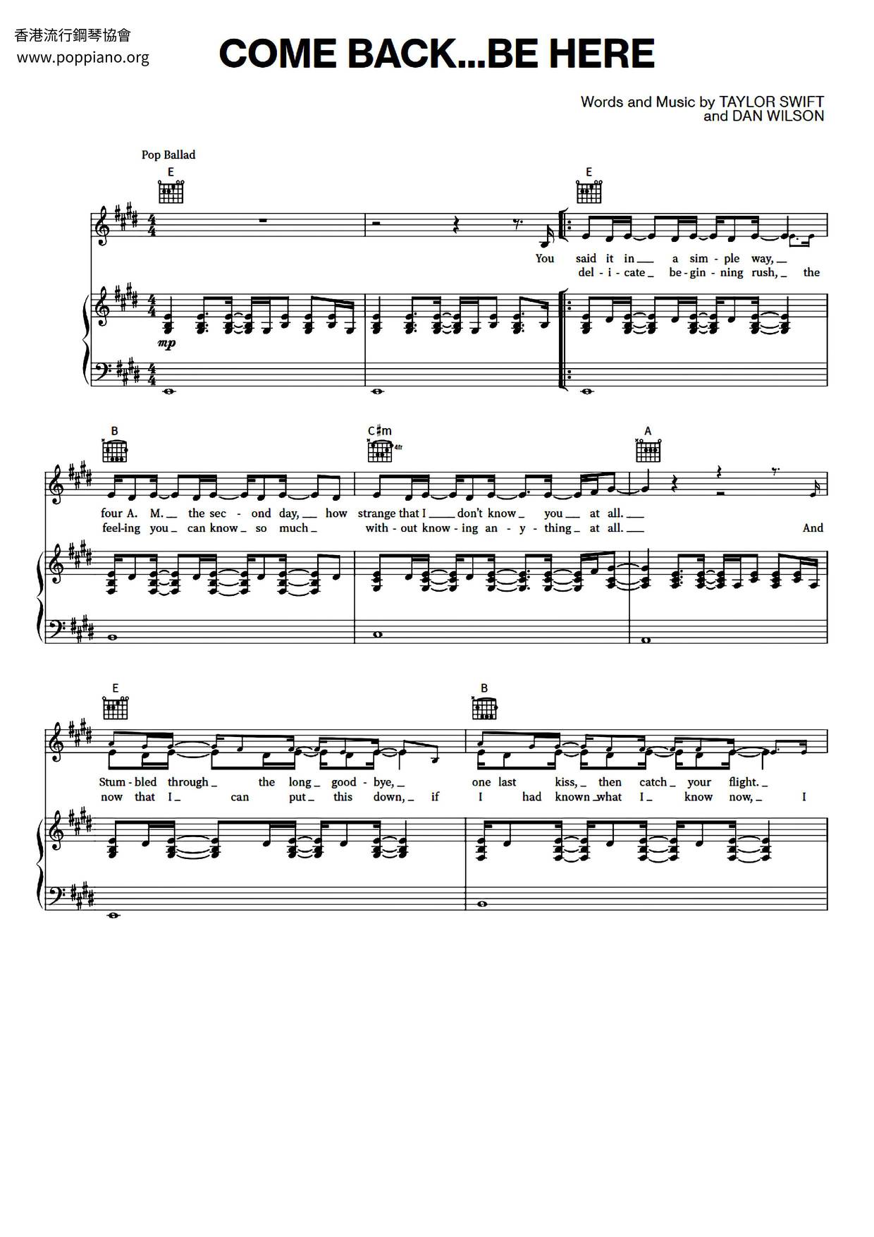 Taylor Swift-Come Back...Be Here Sheet Music pdf, - Free Score Download ★