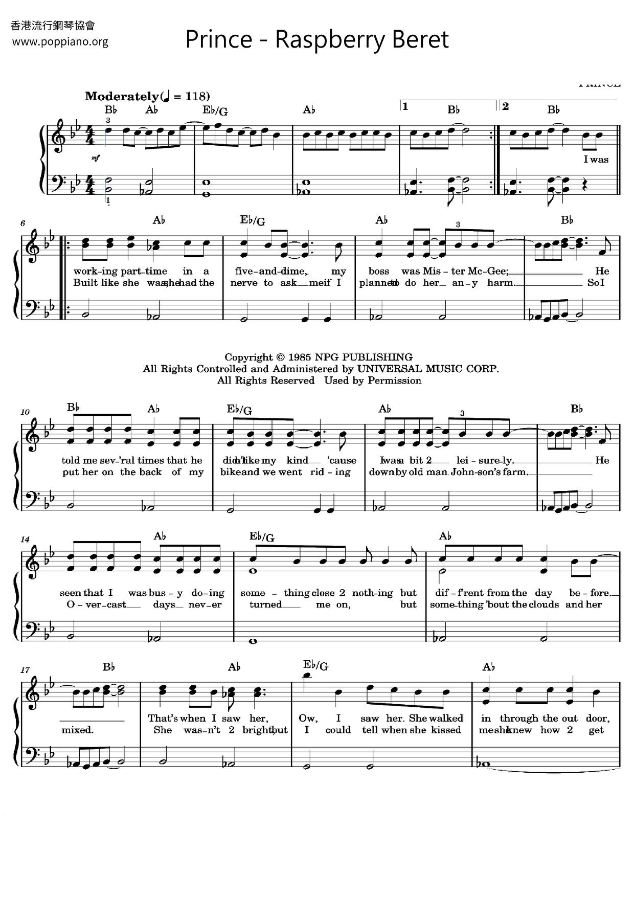 Prince-Raspberry Beret Sheet Music pdf, - Free Score Download ★