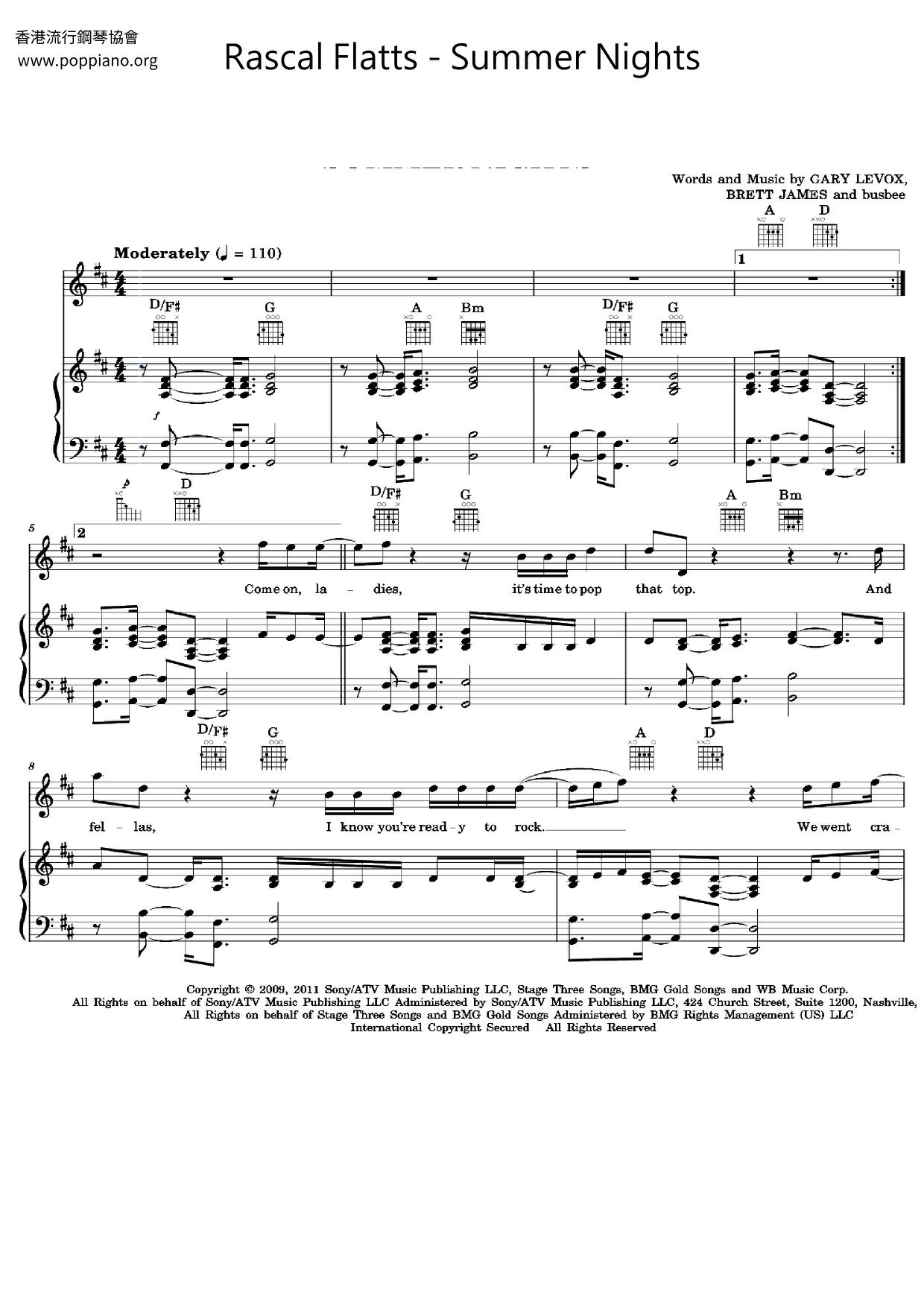 Rascal Flatts-Summer Nights Sheet Music pdf, - Free Score Download ★