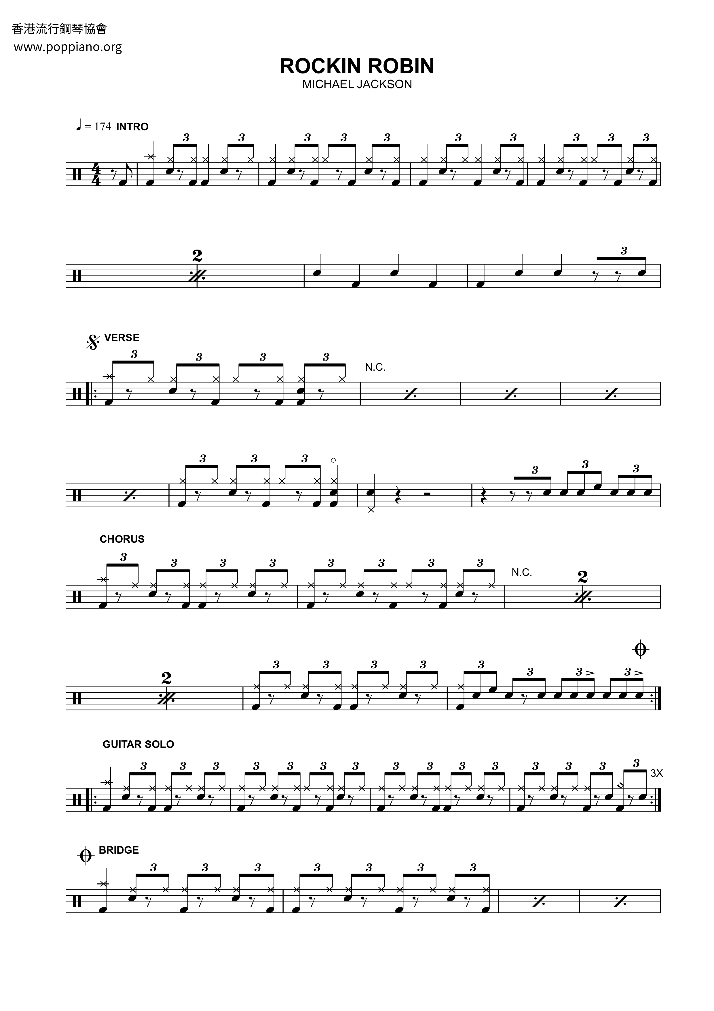 Michael Jackson-Rockin' Robin Drum Tab pdf, - Free Score Download ★