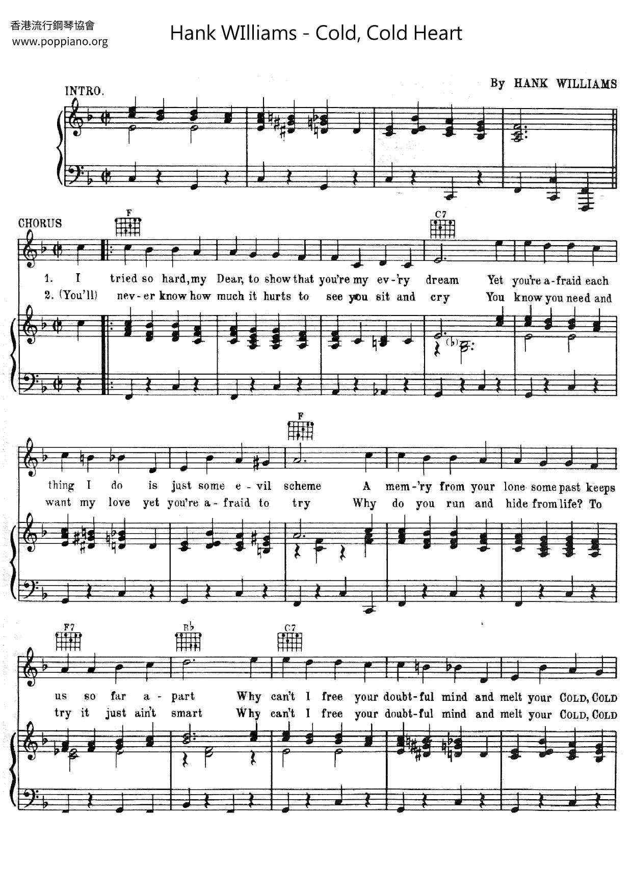 Hank WIlliams-Cold, Cold Heart 琴譜/五線譜pdf-香港流行鋼琴協會琴譜下載 ★