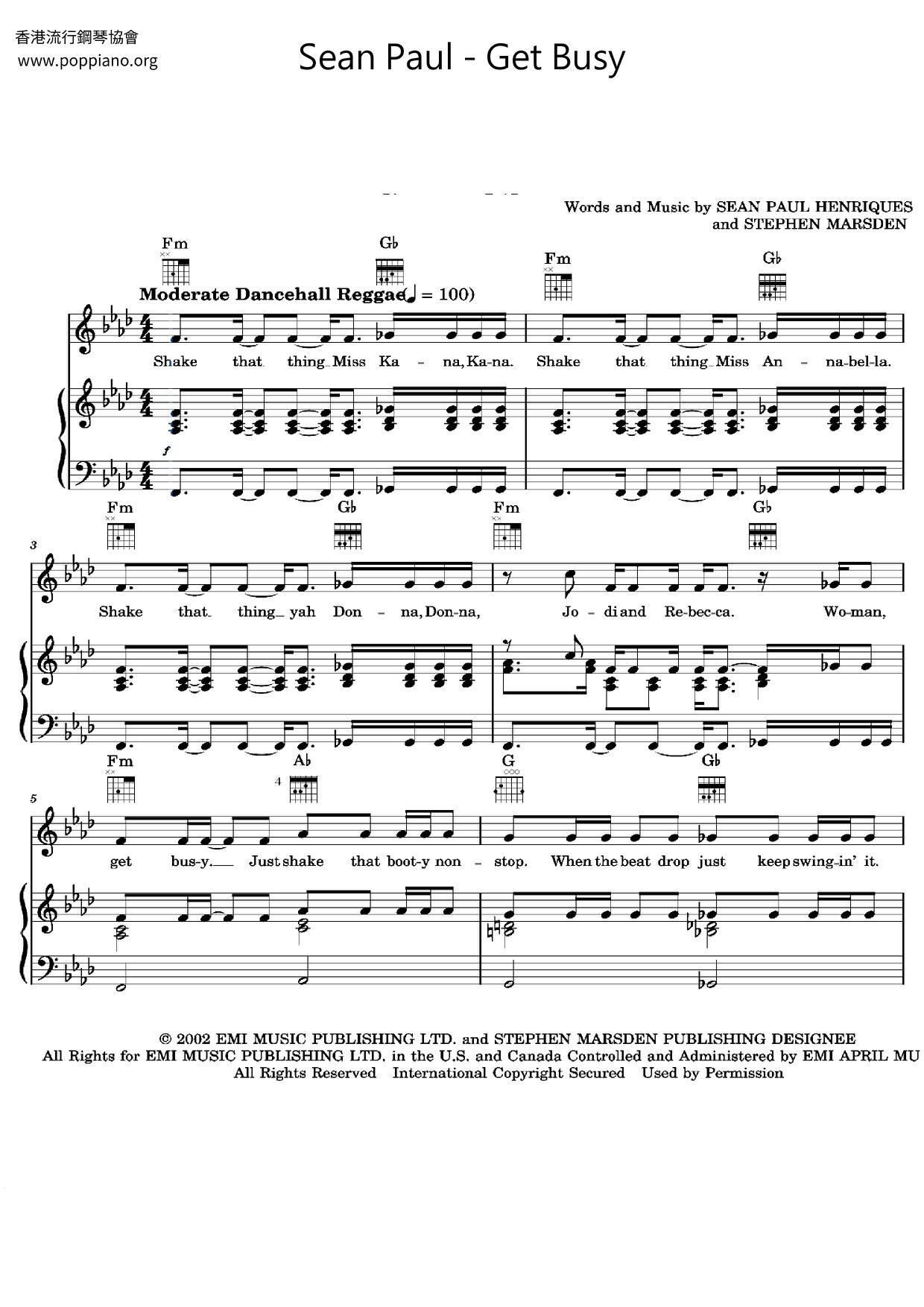Sean Paul-Get Busy Sheet Music pdf, - Free Score Download ★