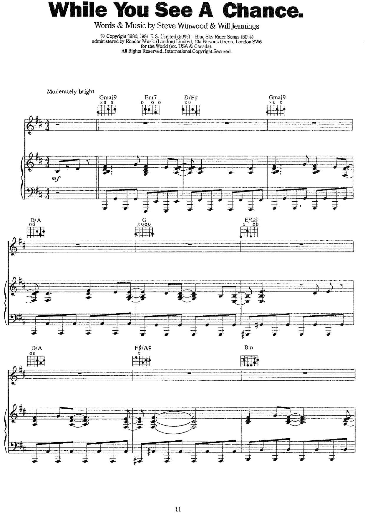 Steve Winwood-While You See A Chance Sheet Music pdf, - Free Score Download ★