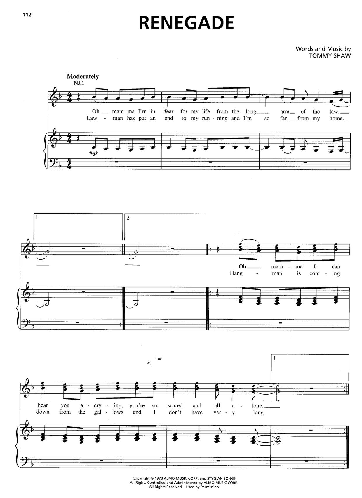 Styx-Renegade Sheet Music pdf, - Free Score Download ★