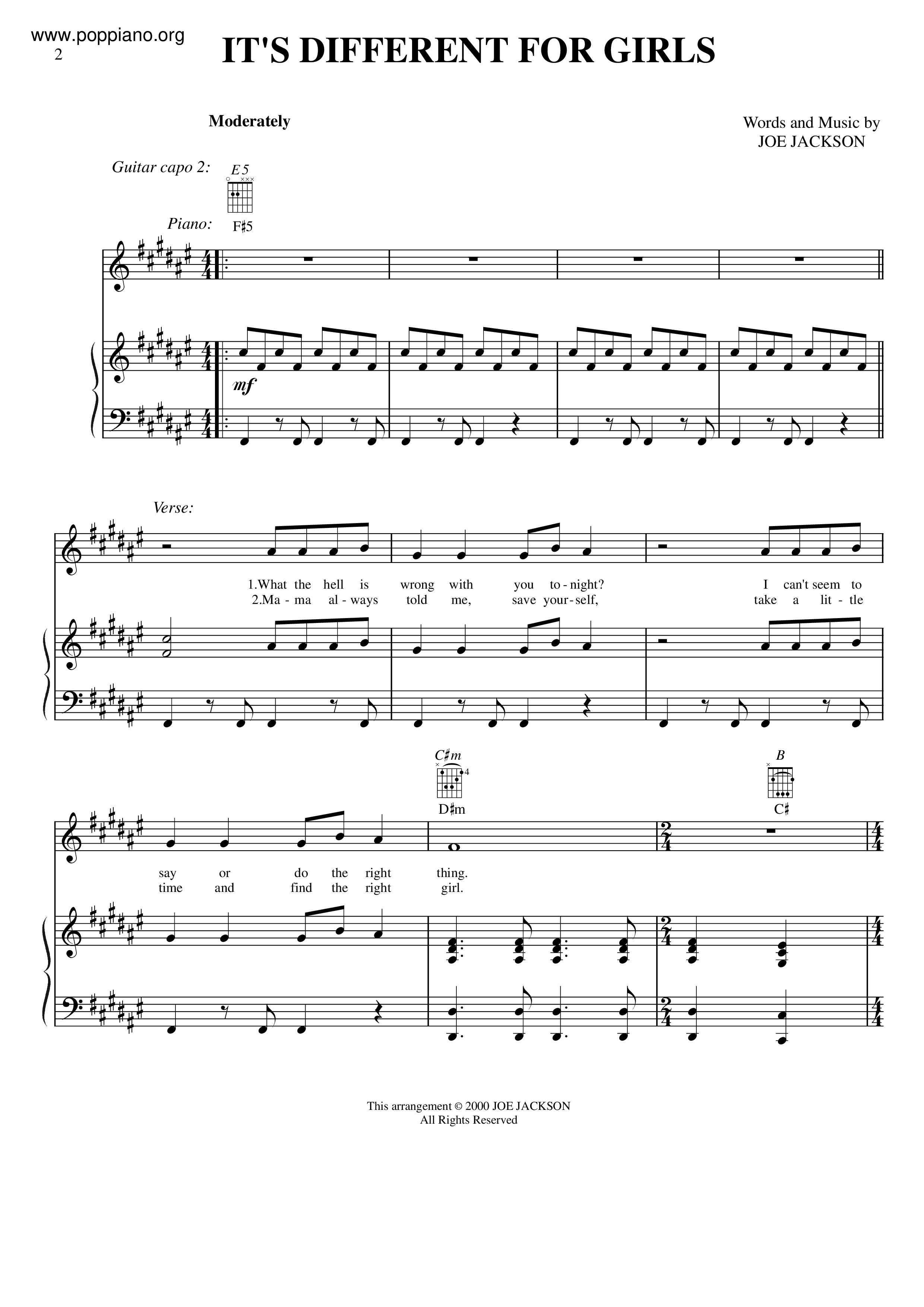 Joe Jackson-It's Different For Girls Sheet Music pdf, - Free Score ...