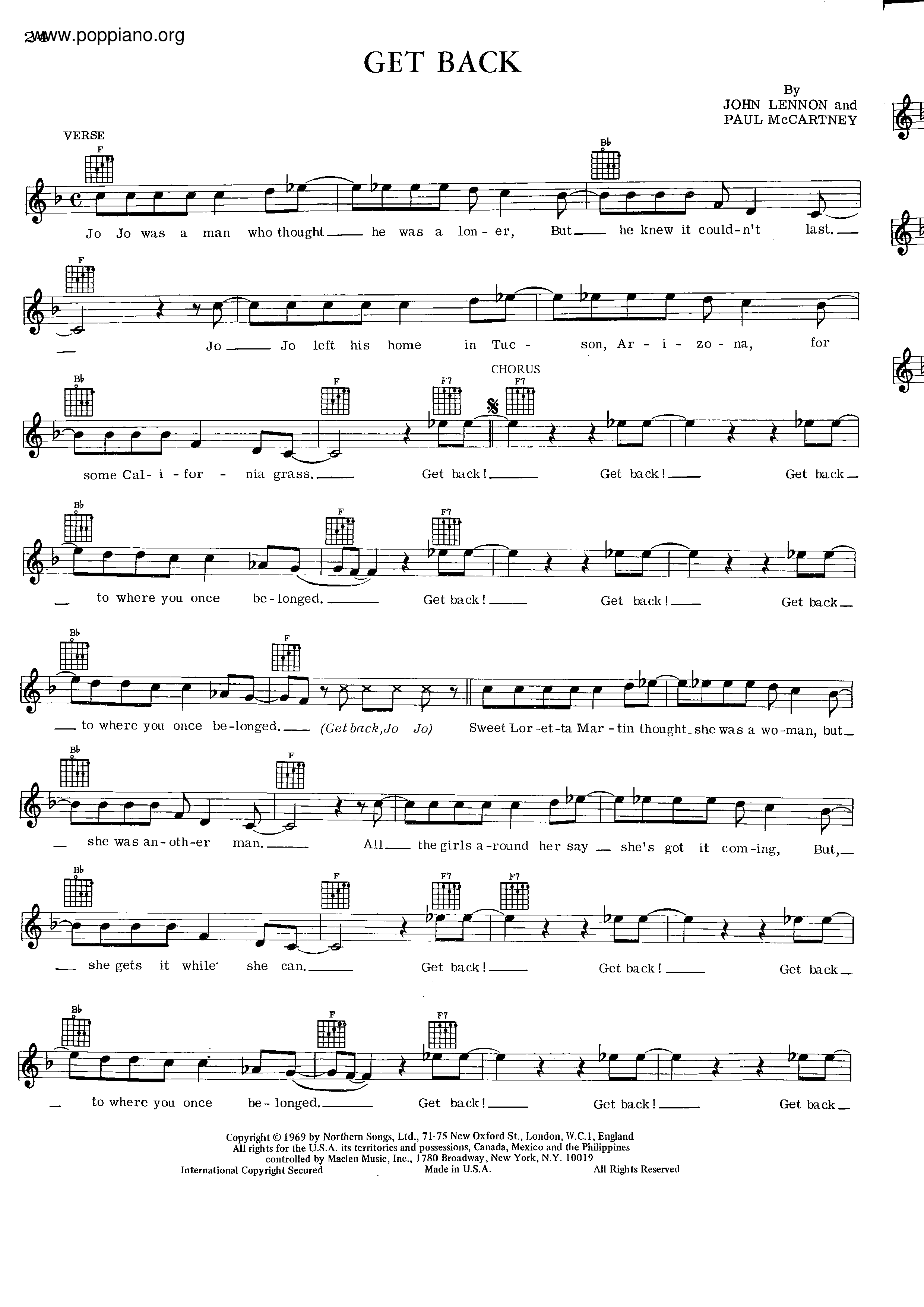 The Beatles-Get Back 琴譜pdf-香港流行鋼琴協會琴譜下載 ★