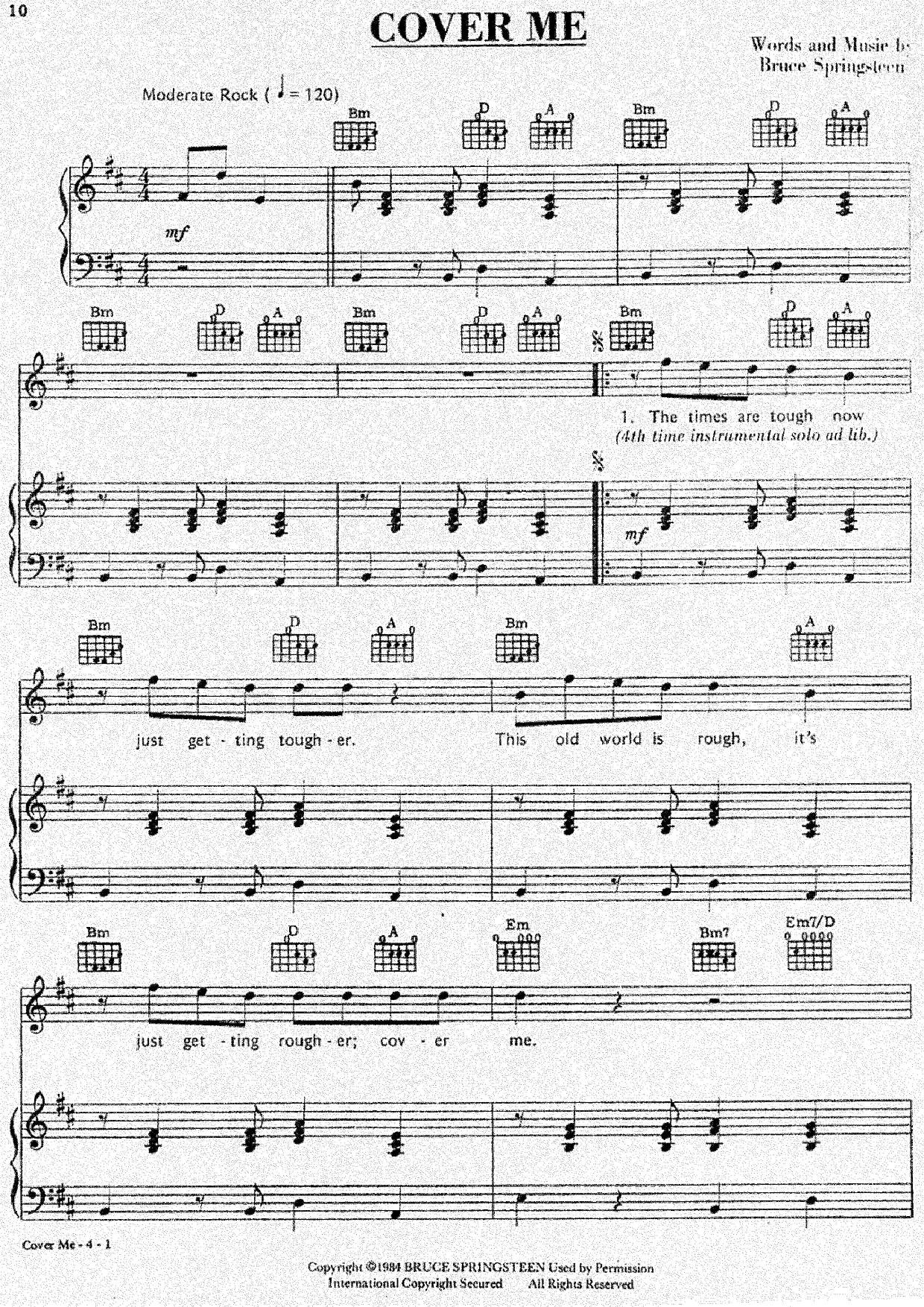 ★Bruce Springsteen - Cover Me ピアノ譜pdf- 香港ポップピアノ協会 無料PDF楽譜ダウンロード gakufu