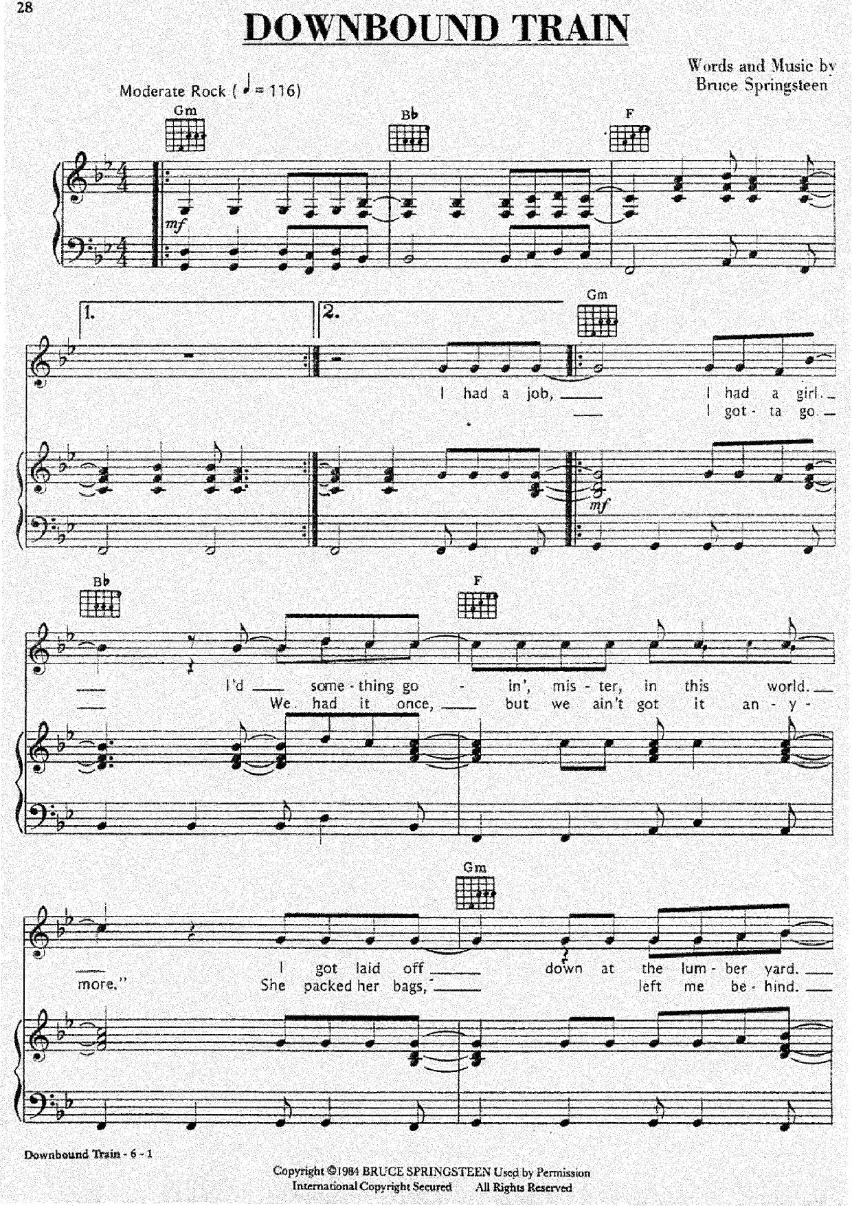 Bruce Springsteen-Downbound Train 琴譜pdf-香港流行鋼琴協會琴譜下載 ★