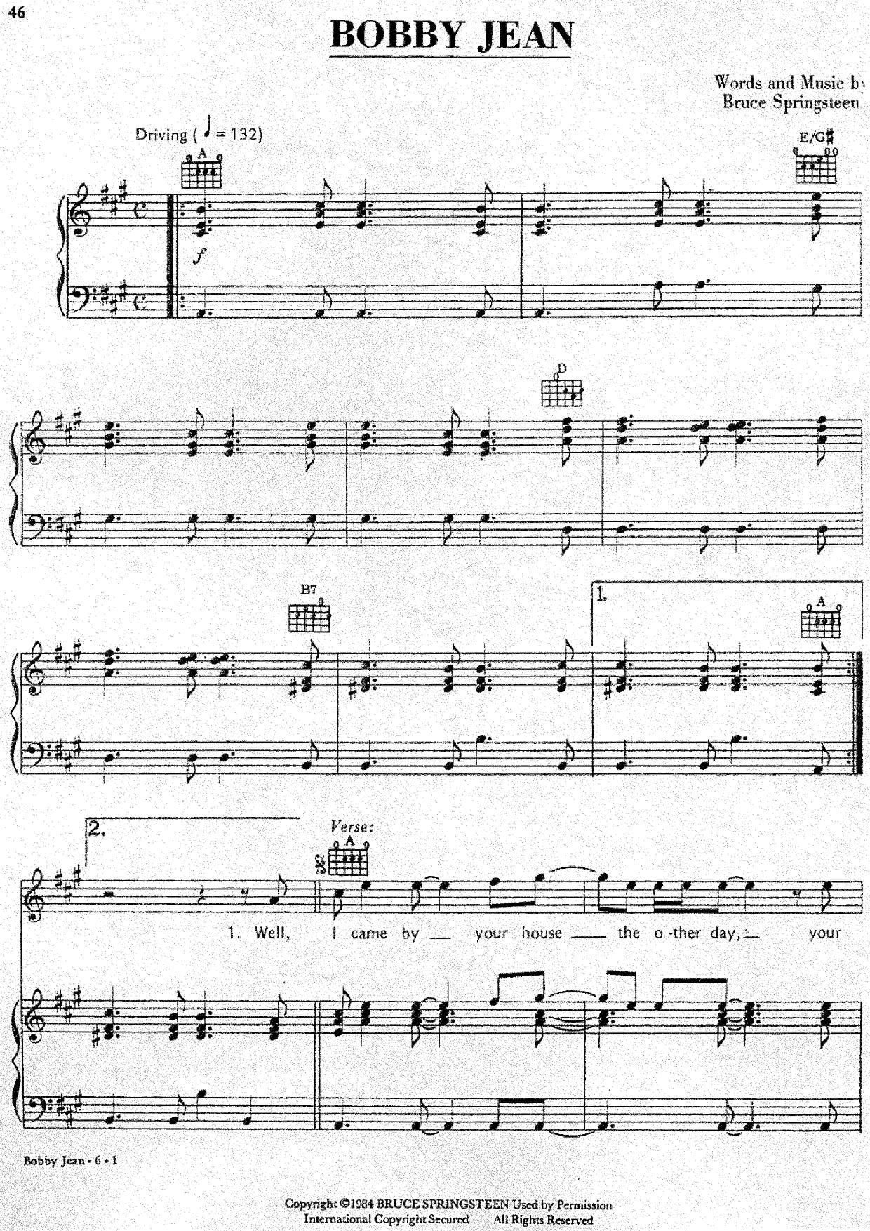 Bruce Springsteen-Bobby Jean 琴譜pdf-香港流行鋼琴協會琴譜下載 ★