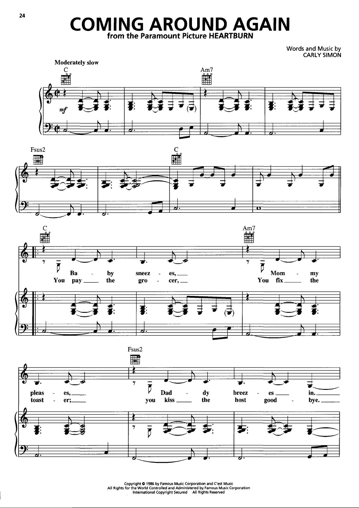 Carly Simon-Coming Around Again Sheet Music pdf, - Free Score Download ★