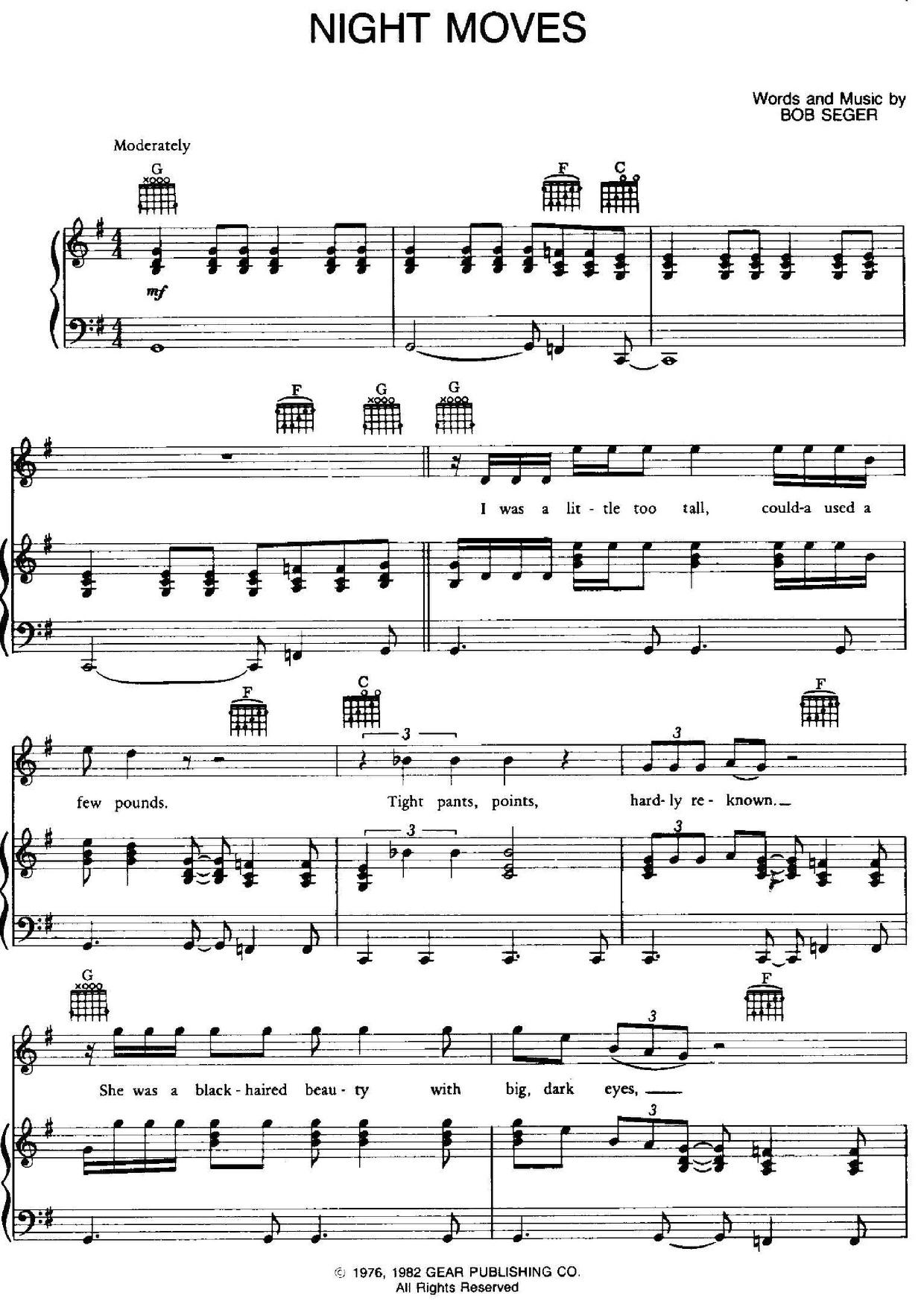 Bob Seger-Night Moves Sheet Music pdf, - Free Score Download ★