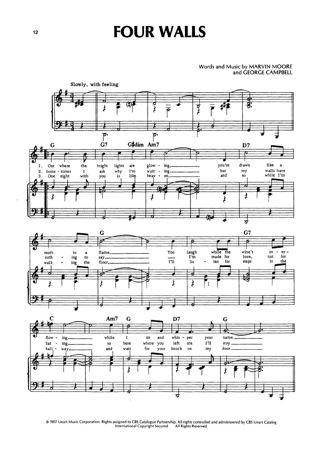 Jim Reeves-Four Walls Sheet Music pdf, - Free Score Download ★