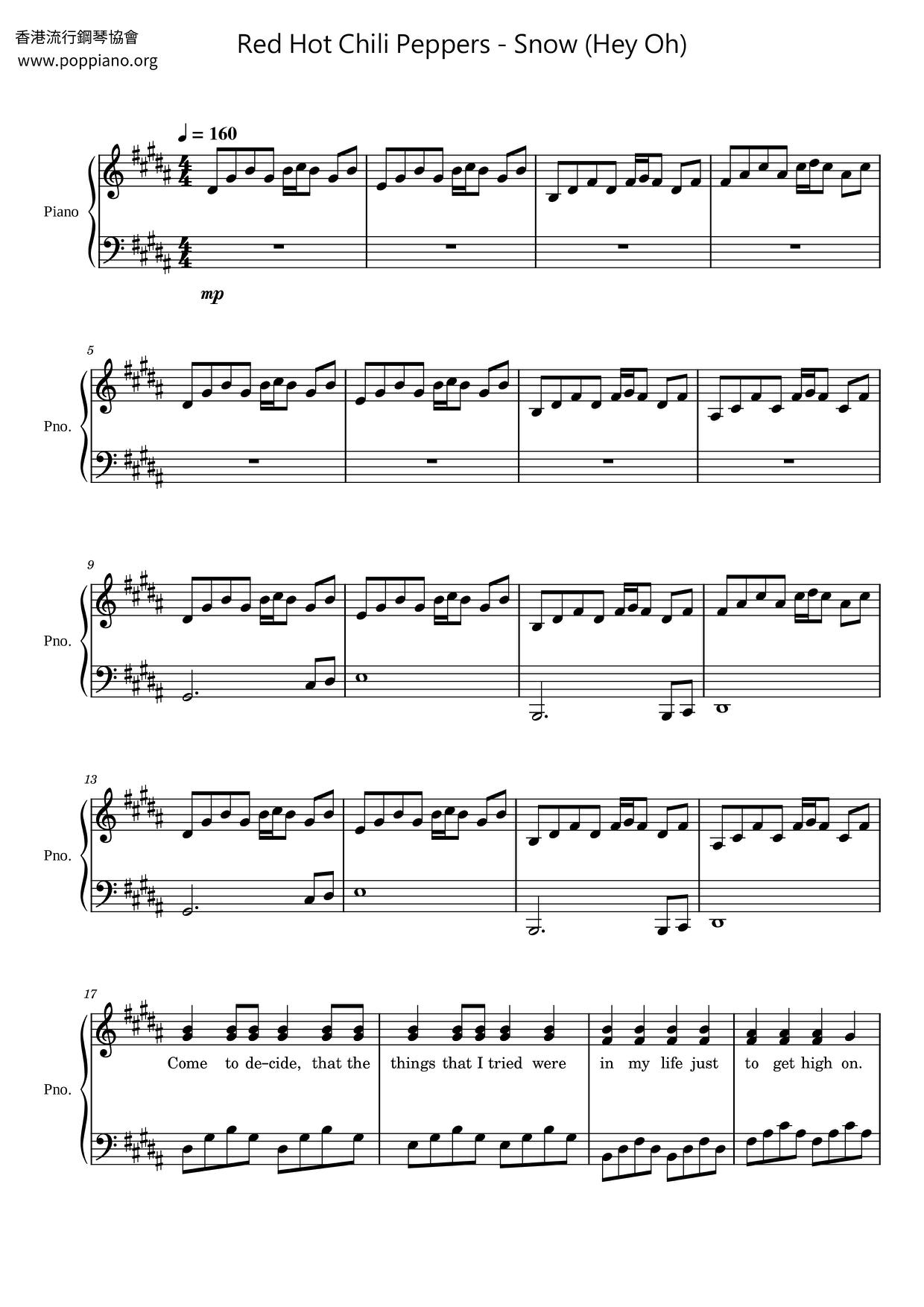 Red Hot Chili Peppers-Snow (Hey Oh) 琴谱/五线谱pdf-香港流行钢琴协会琴谱下载 ★