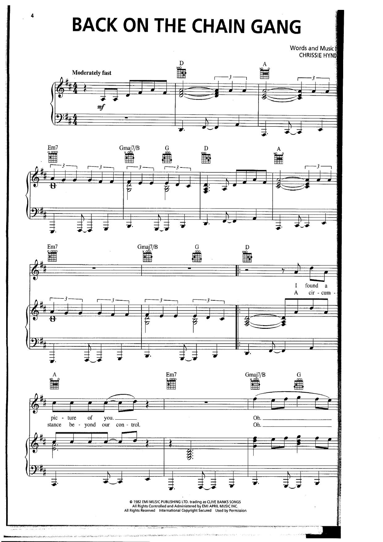 Pretenders-Back On The Chain Gang Sheet Music pdf, - Free Score Download ★