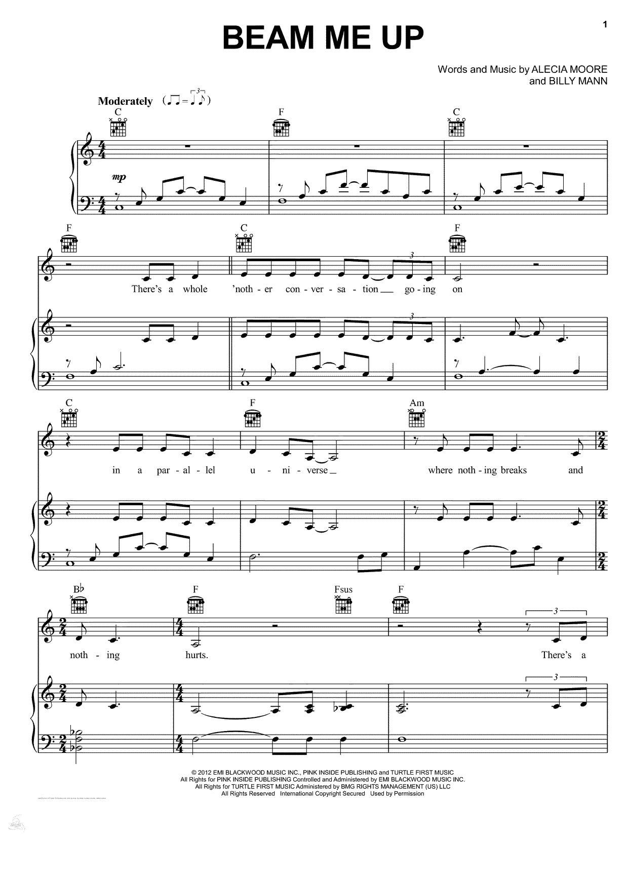 P!nk-Beam Me Up Sheet Music pdf, - Free Score Download ★