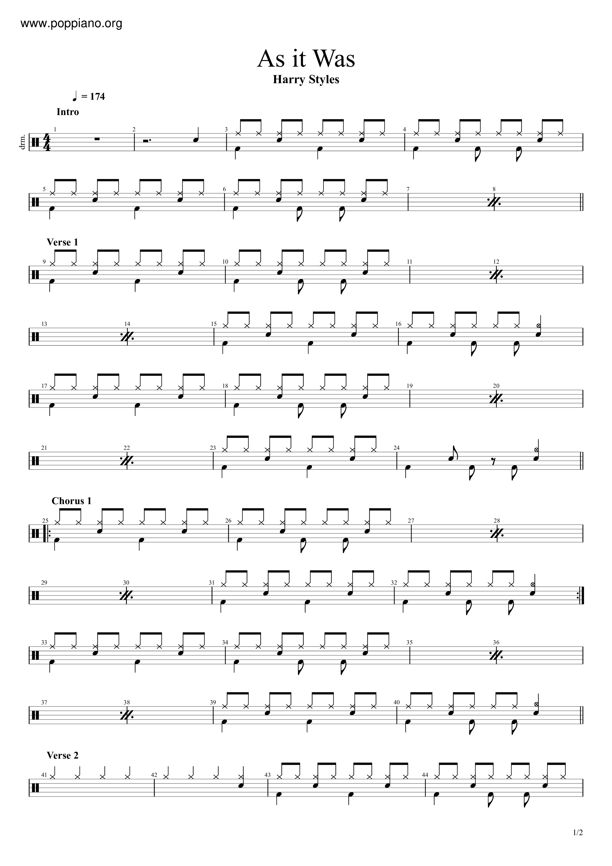 Harry Styles-As It Was Drum Tab pdf, - Free Score Download ★
