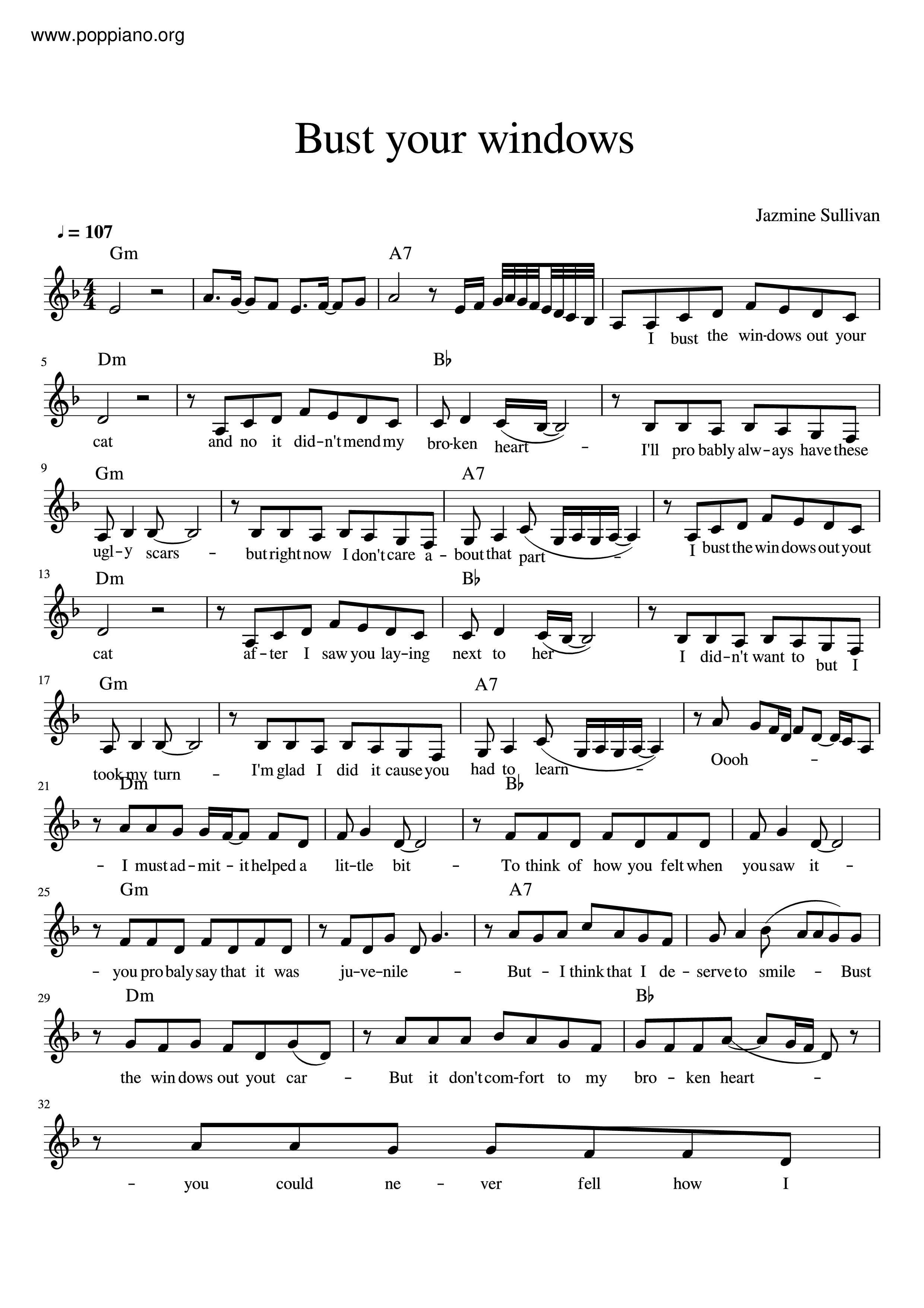 Jazmine Sullivan-Bust Your Windows 琴譜pdf-香港流行鋼琴協會琴譜下載 ★