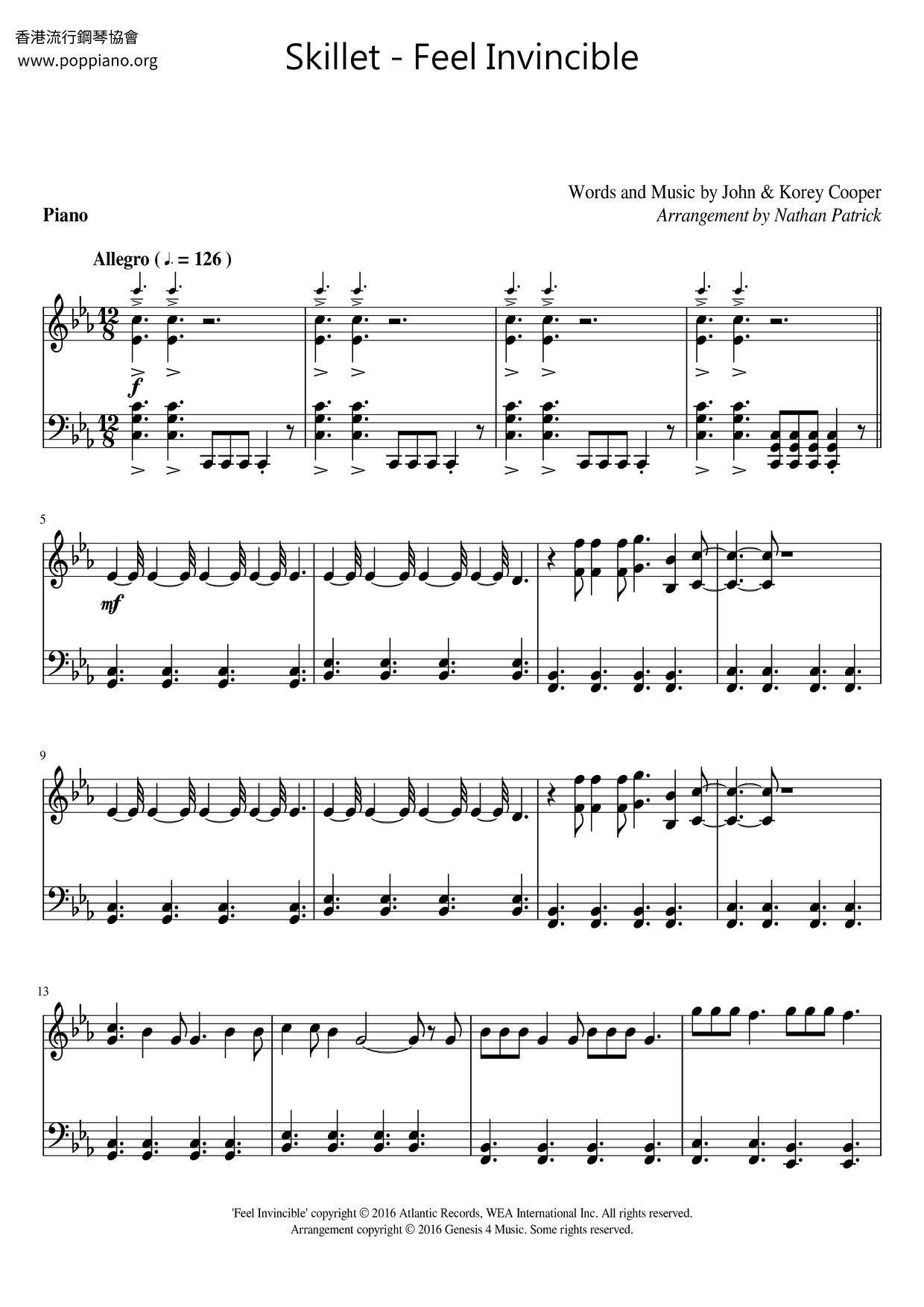Skillet-Feel Invincible Sheet Music pdf, - Free Score Download ★