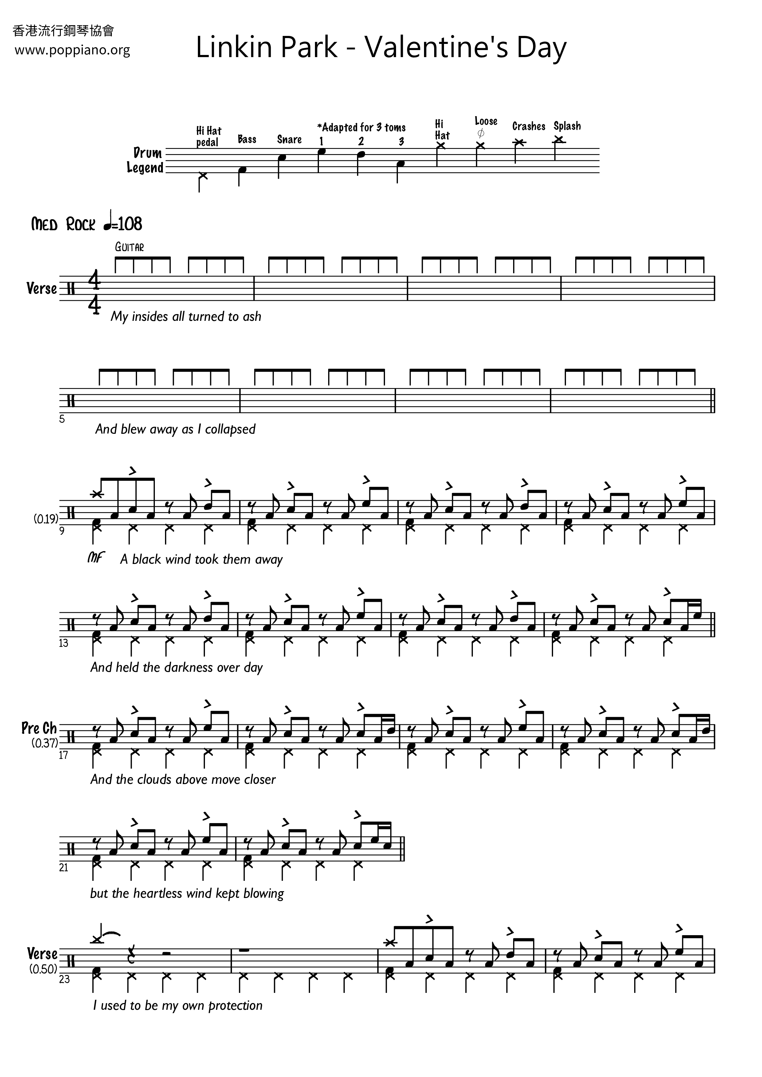 Linkin park-Valentine's Day Drum Tab pdf, - Free Score Download ★