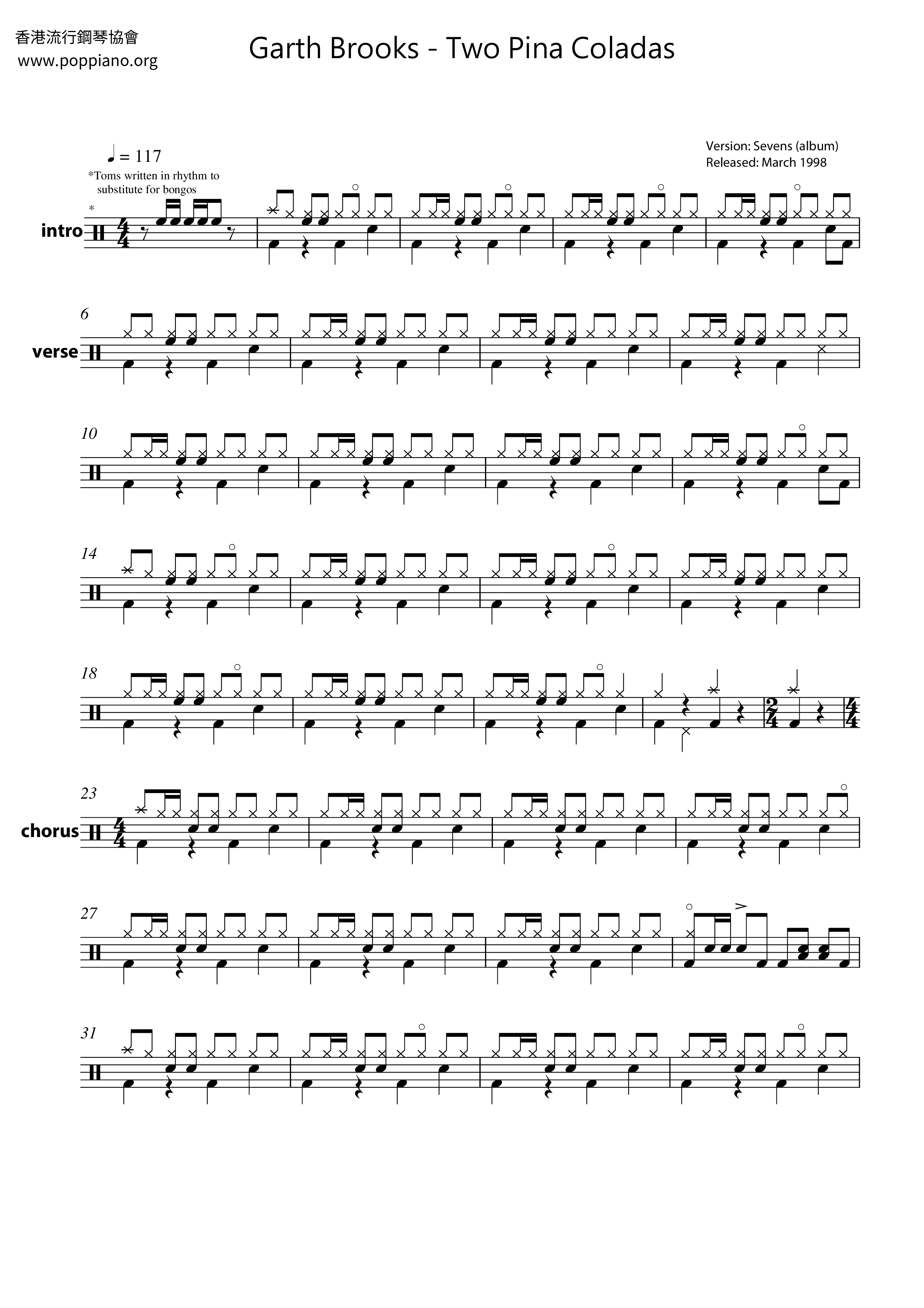 Garth Brooks-Two Pina Coladas Drum Tab pdf, - Free Score Download ★