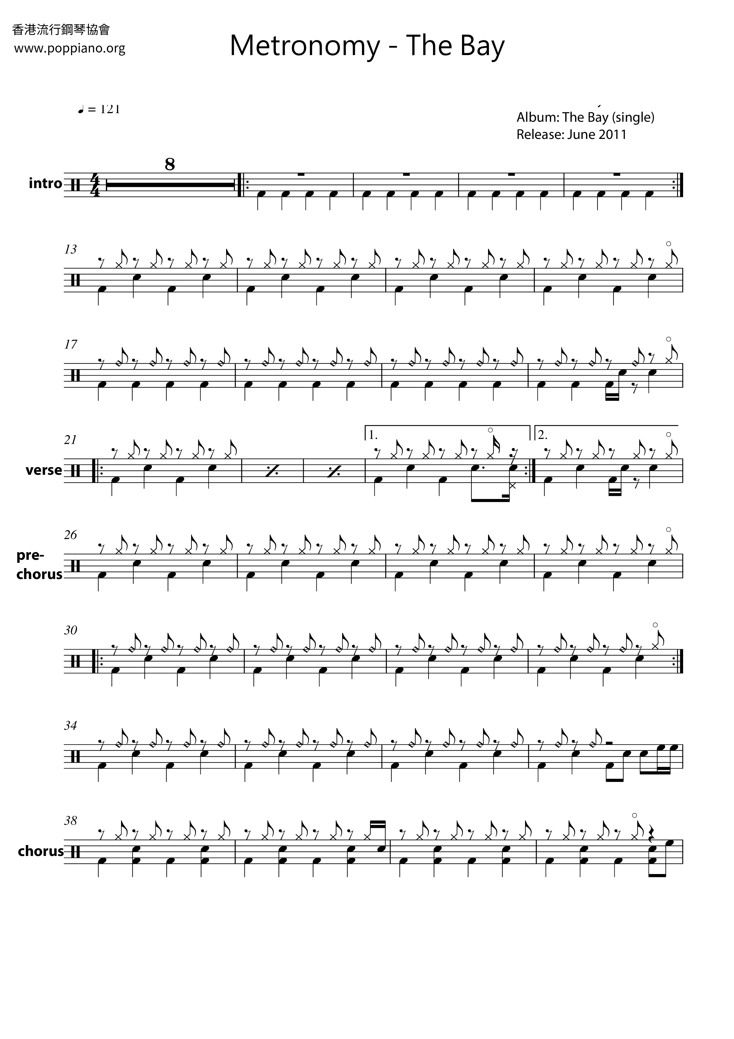 Metronomy-The Bay 鼓譜pdf-香港流行鋼琴協會琴譜下載 ★