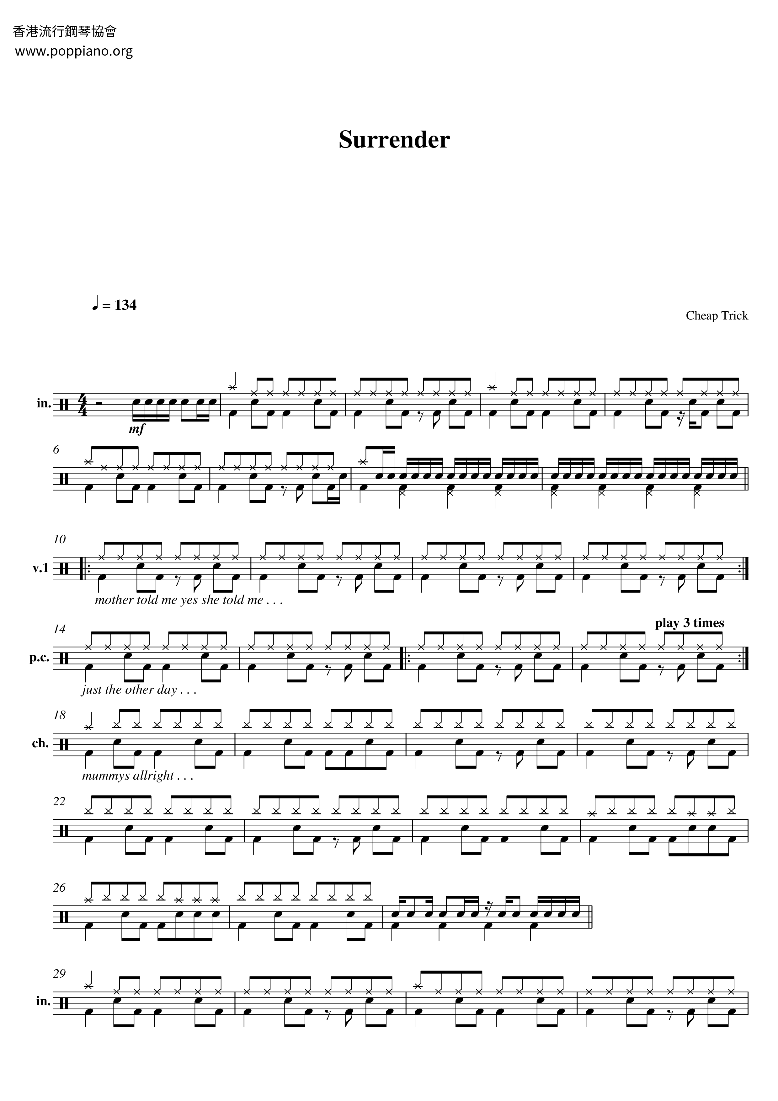 Cheap Trick-Surrender Drum Tab pdf, - Free Score Download ★