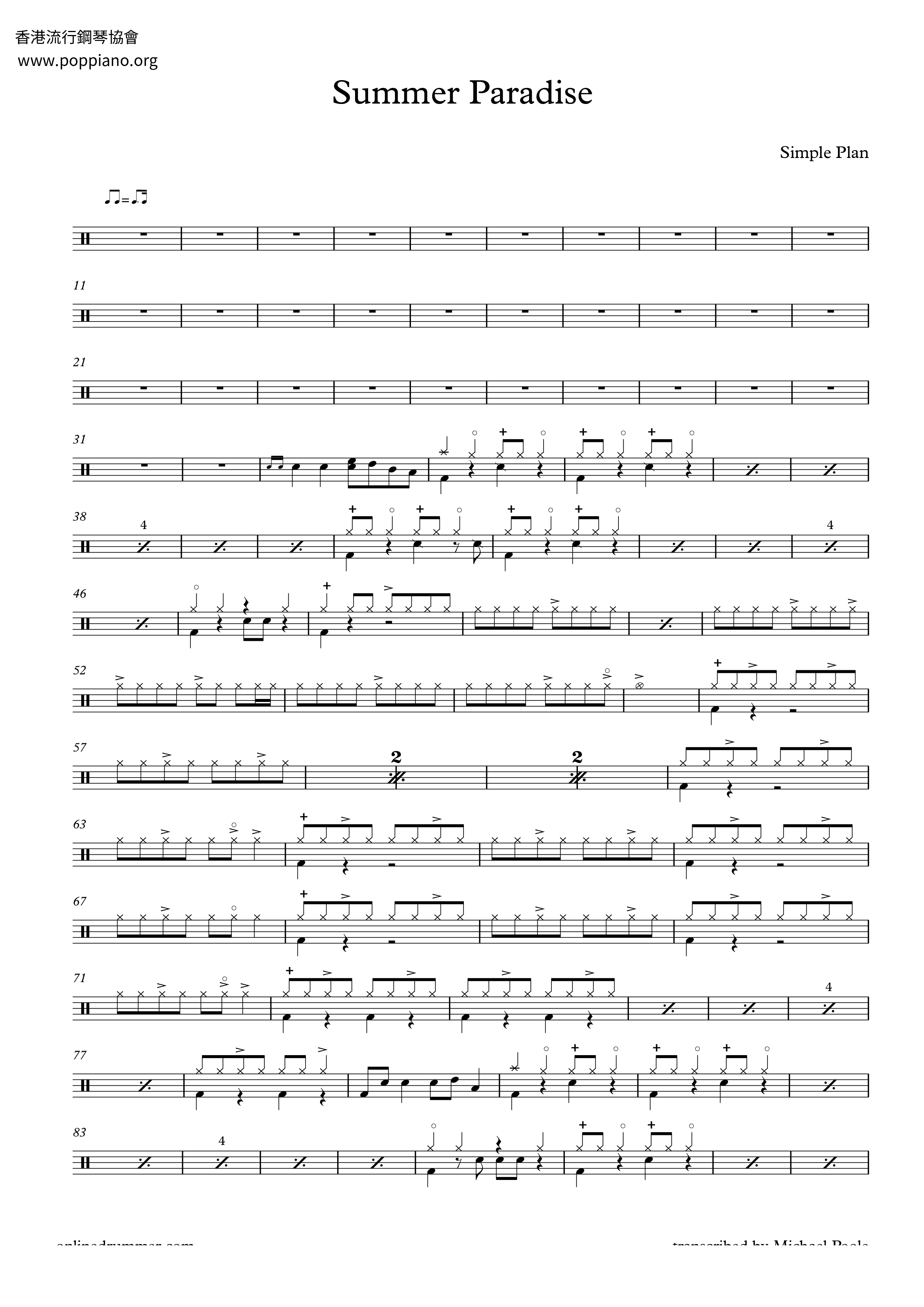 Simple Plan-Summer Paradise Drum Tab pdf, - Free Score Download ★