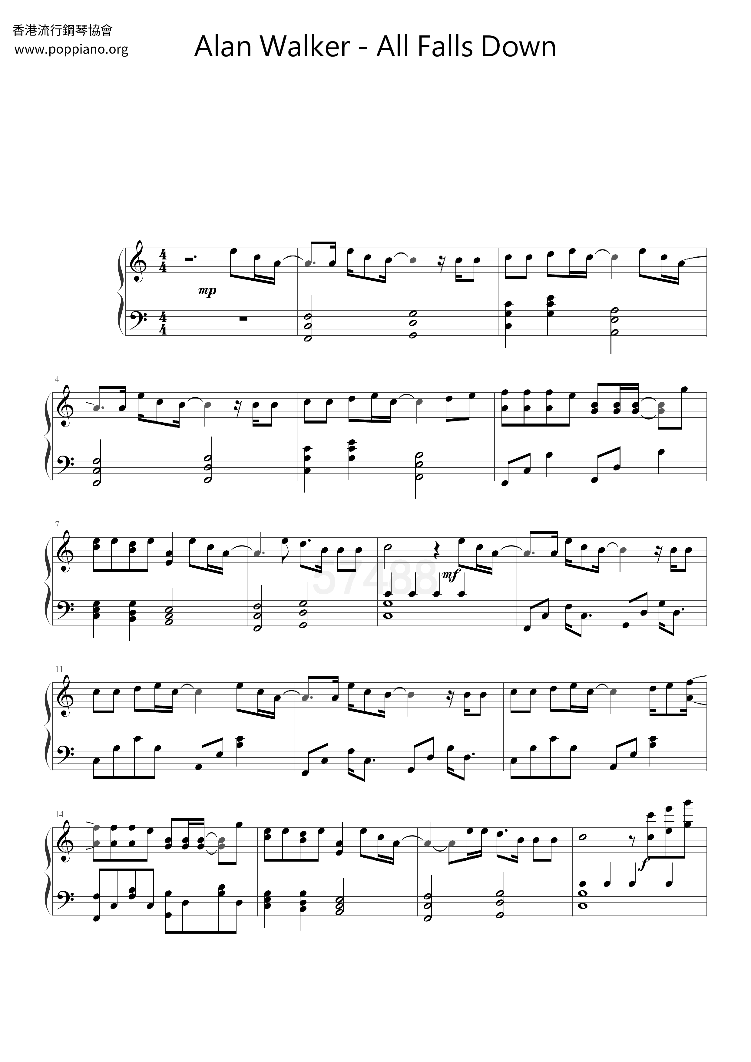 Alan Walker-All Falls Down 琴譜/五線譜pdf (アラン・ウォーカー)-香港流行鋼琴協會琴譜下載 ★
