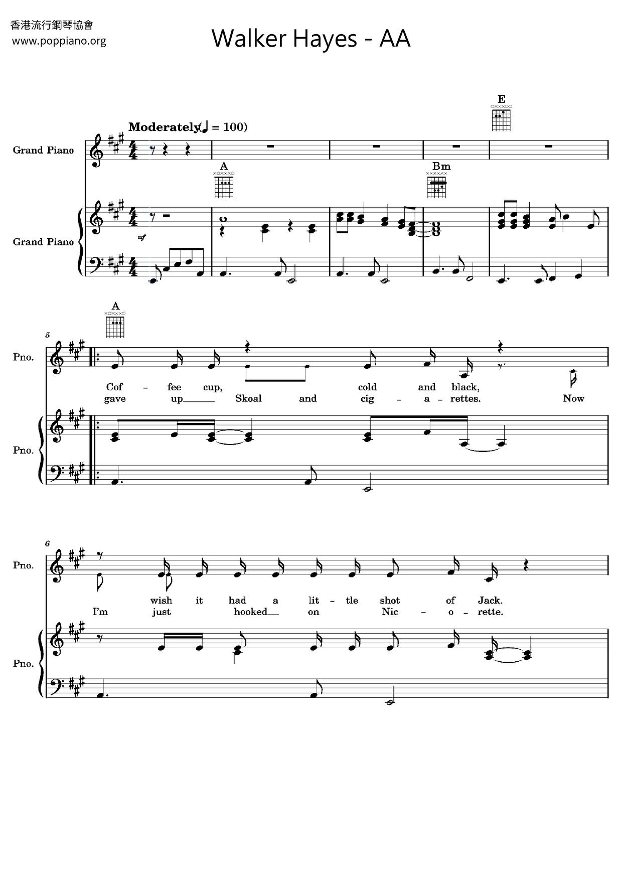 Walker Hayes-AA Sheet Music pdf, - Free Score Download ★