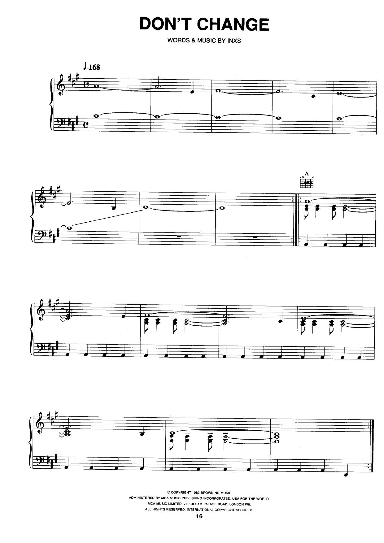 INXS-Don't Change Sheet Music pdf, - Free Score Download ★
