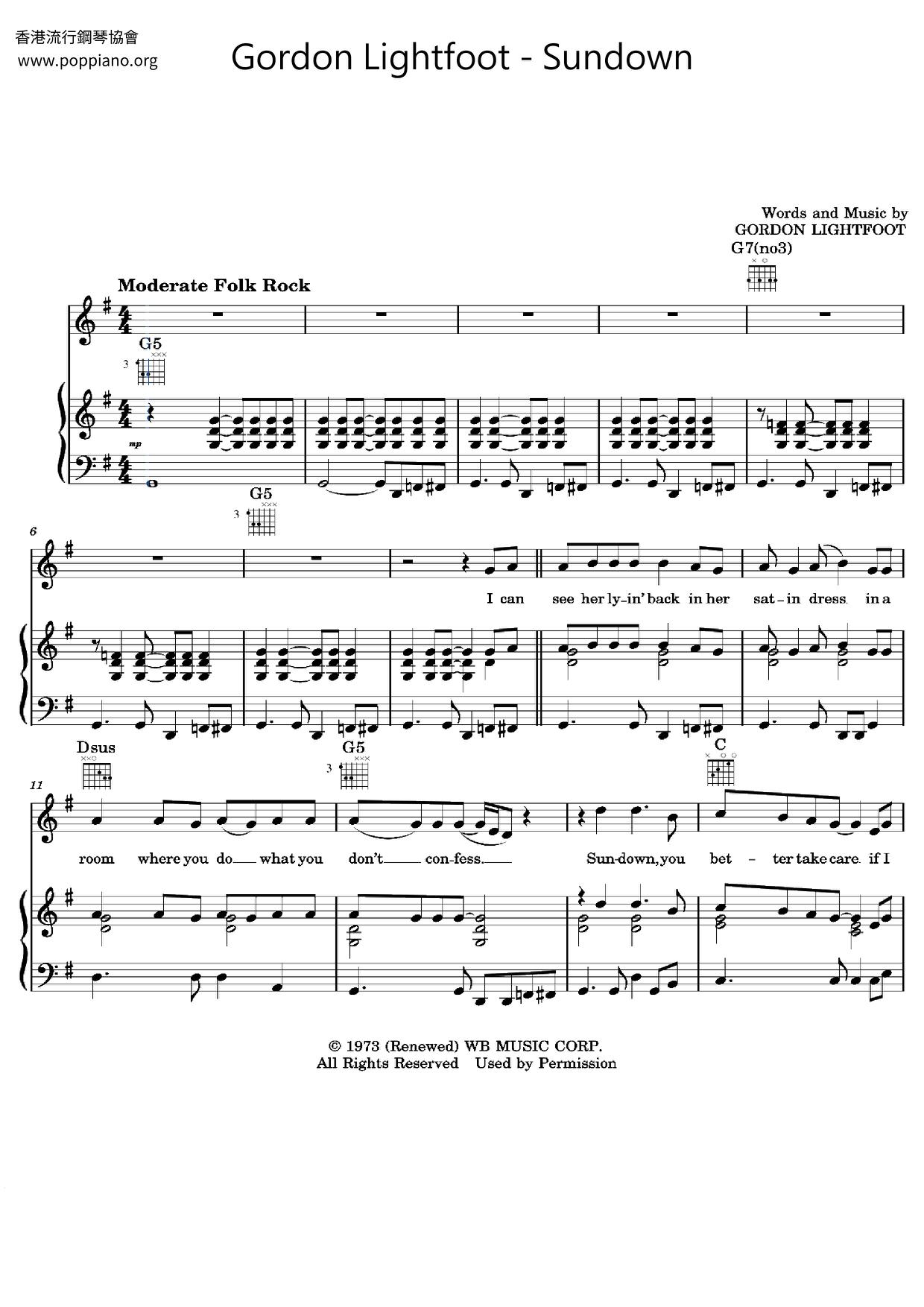 Gordon Lightfoot Sundown Sheet Music Pdf Free Score Download ★