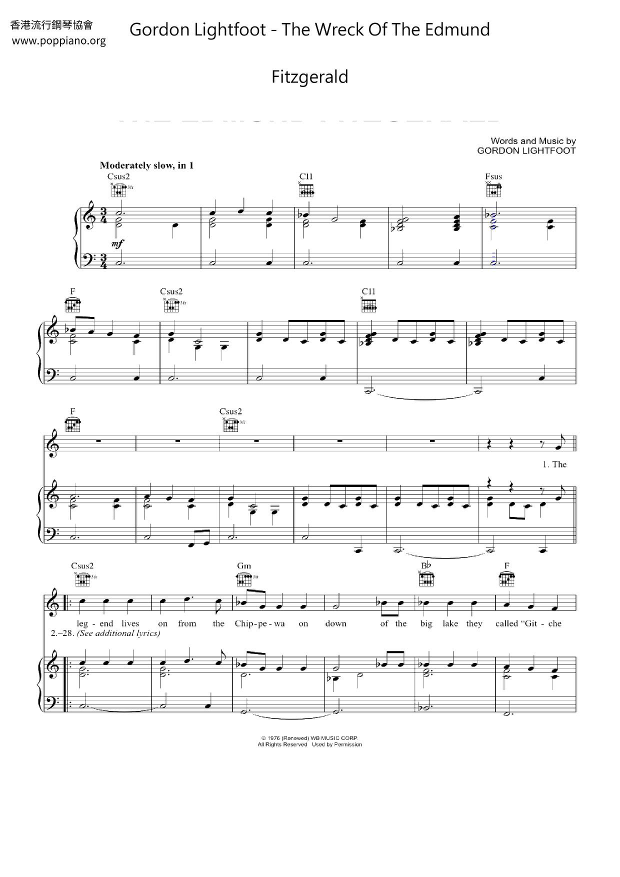 Gordon Lightfoot-The Wreck Of The Edmund Fitzgerald Sheet Music pdf ...