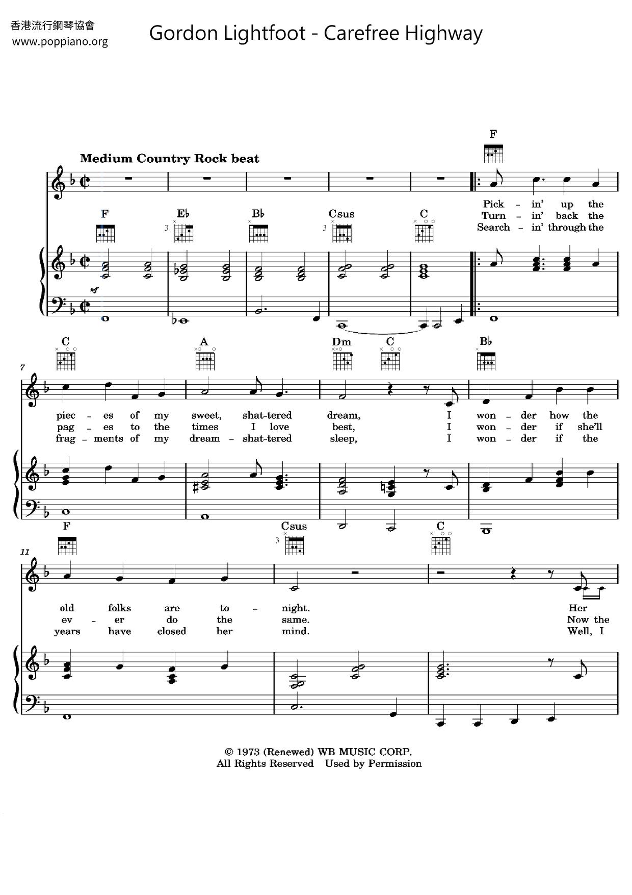 Gordon Lightfoot-Carefree Highway Sheet Music pdf, - Free Score Download ★