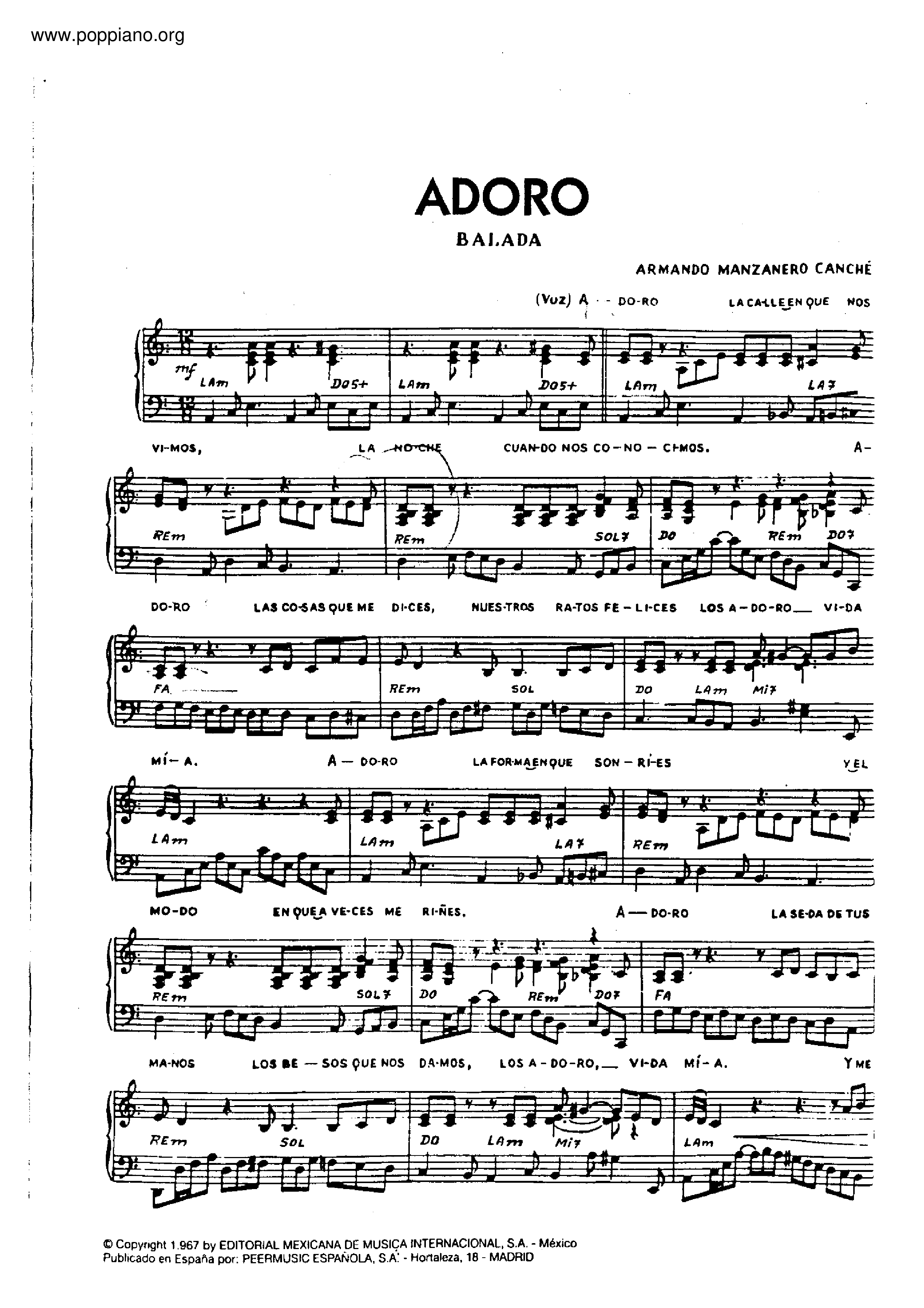 Armando Manzanero Adoro 琴谱 五线谱pdf 香港流行钢琴协会琴谱下载 ★