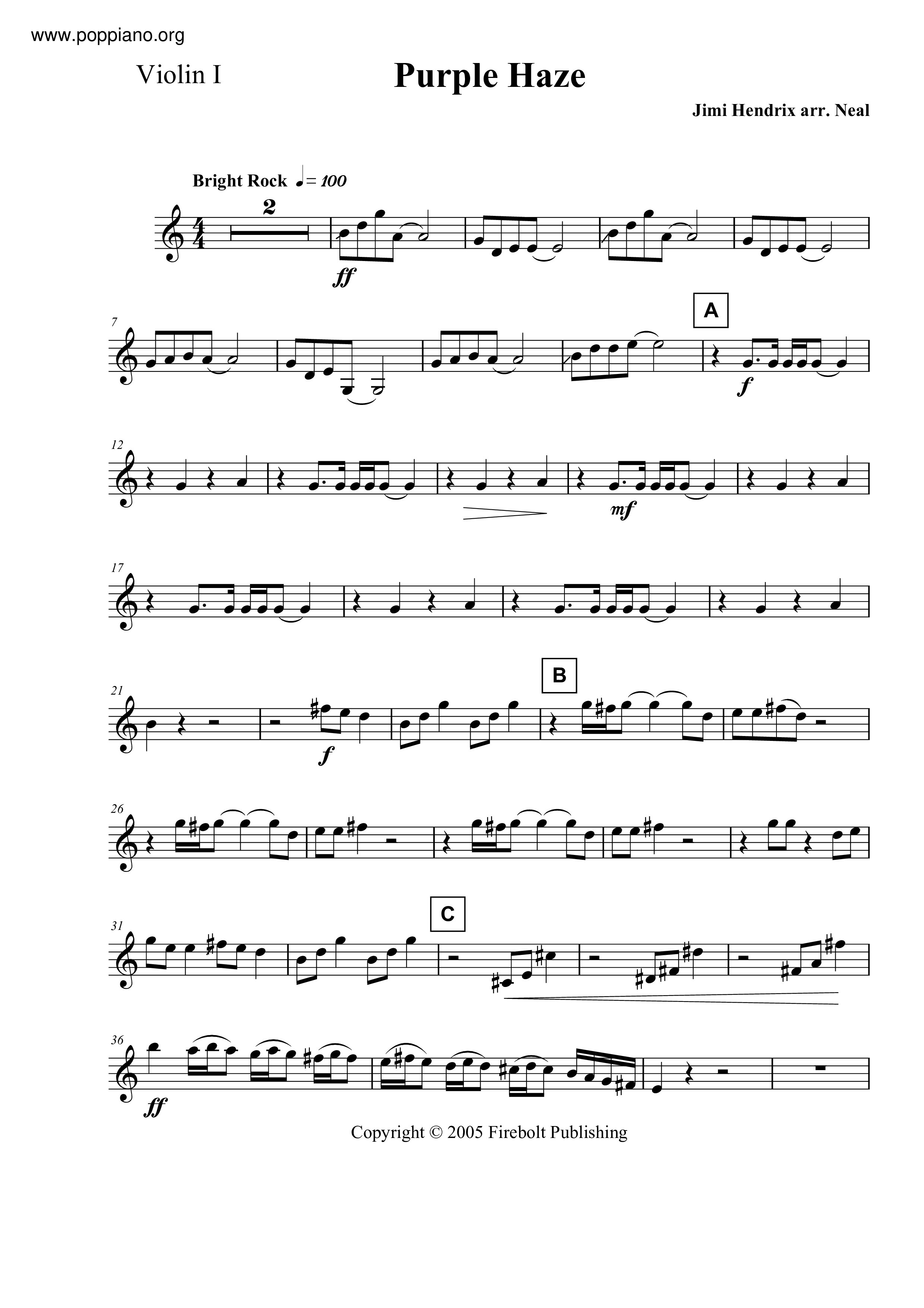 Jimi Hendrix-Purple Haze Violin Score pdf, - Free Score Download ★