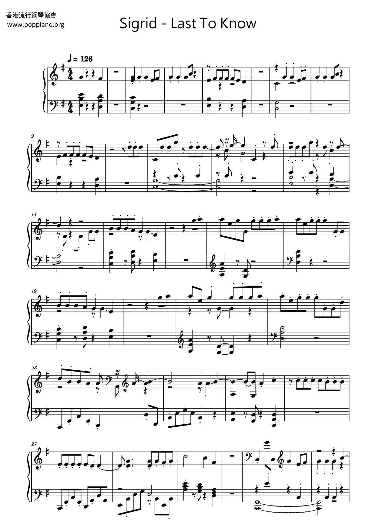 Sigrid-Last To Know 琴譜pdf-香港流行鋼琴協會琴譜下載 ★