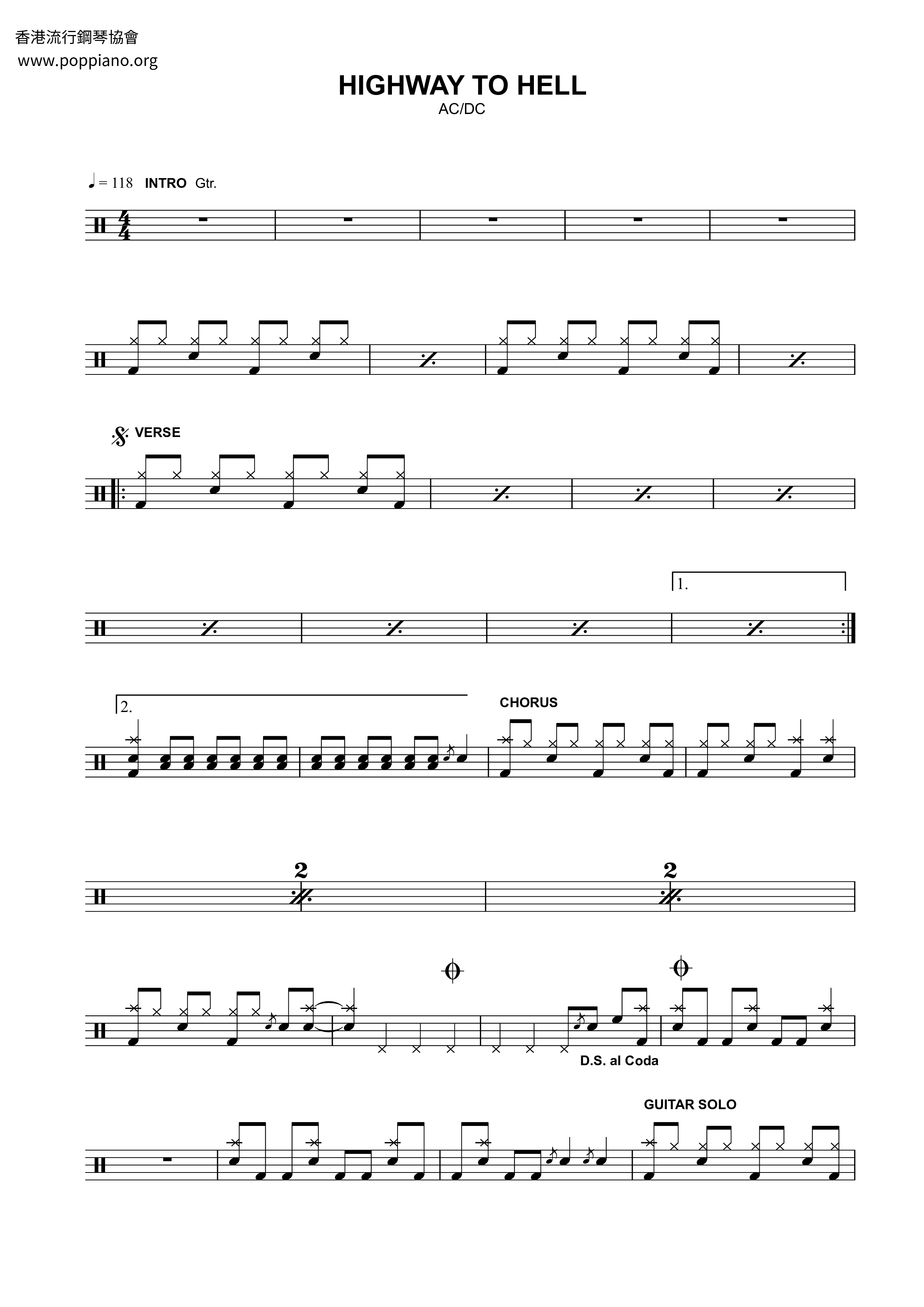 AC/DC-Highway To Hell 鼓譜pdf-香港流行鋼琴協會琴譜下載 ★