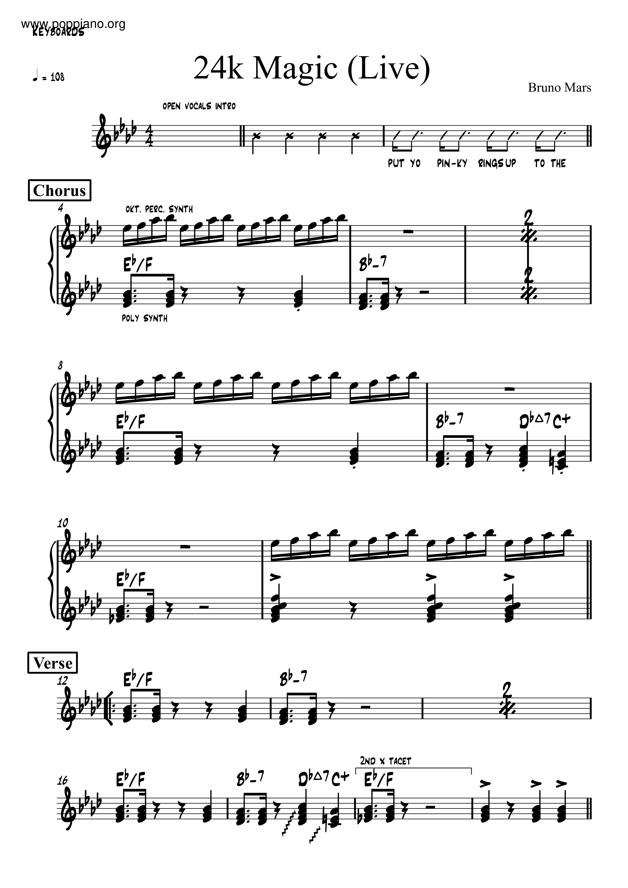 Bruno Mars-24K Magic 琴譜pdf-香港流行鋼琴協會琴譜下載 ★