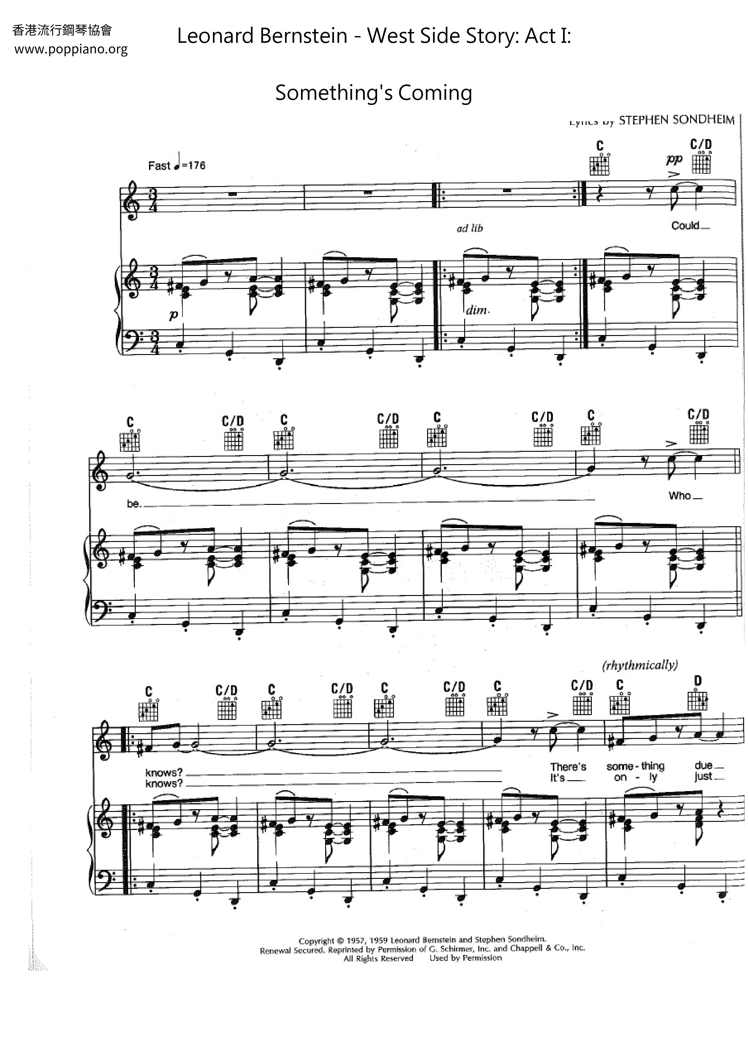 Leonard Bernstein-West Side Story: Act I: Something's Coming 琴譜pdf-香港流行鋼琴協會琴譜下載 ★