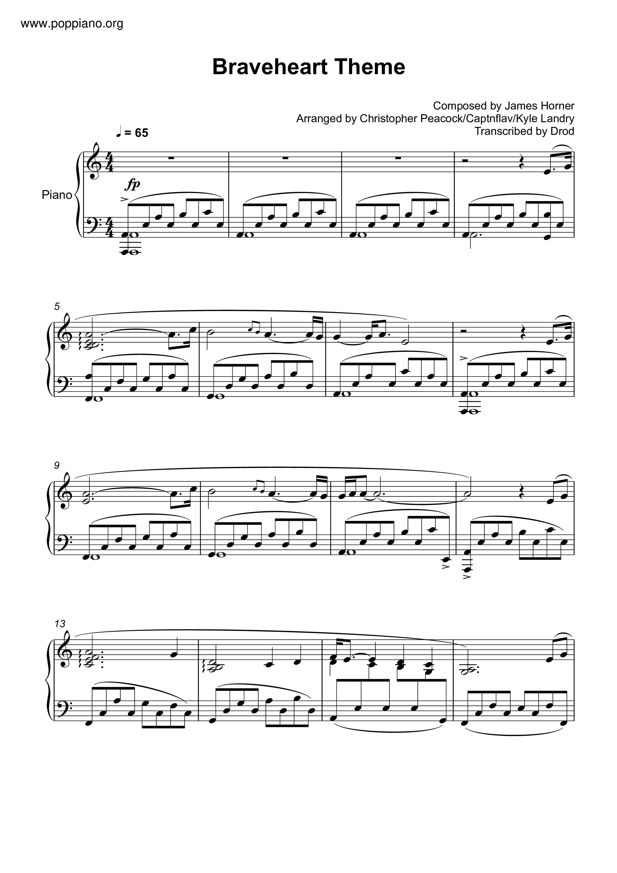 James Horner-Braveheart 琴譜pdf-香港流行鋼琴協會琴譜下載 ★