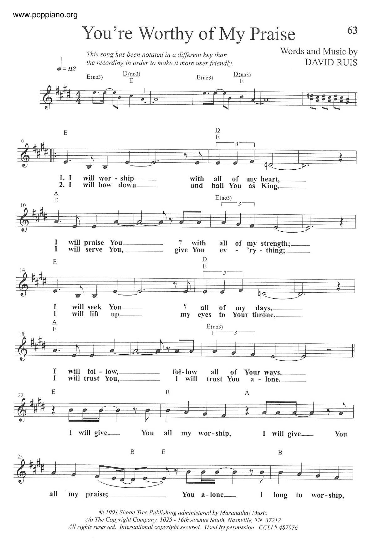 ★ 詩歌-You're Worthy Of My Praise 琴譜pdf-香港流行鋼琴協會琴譜下載 ★