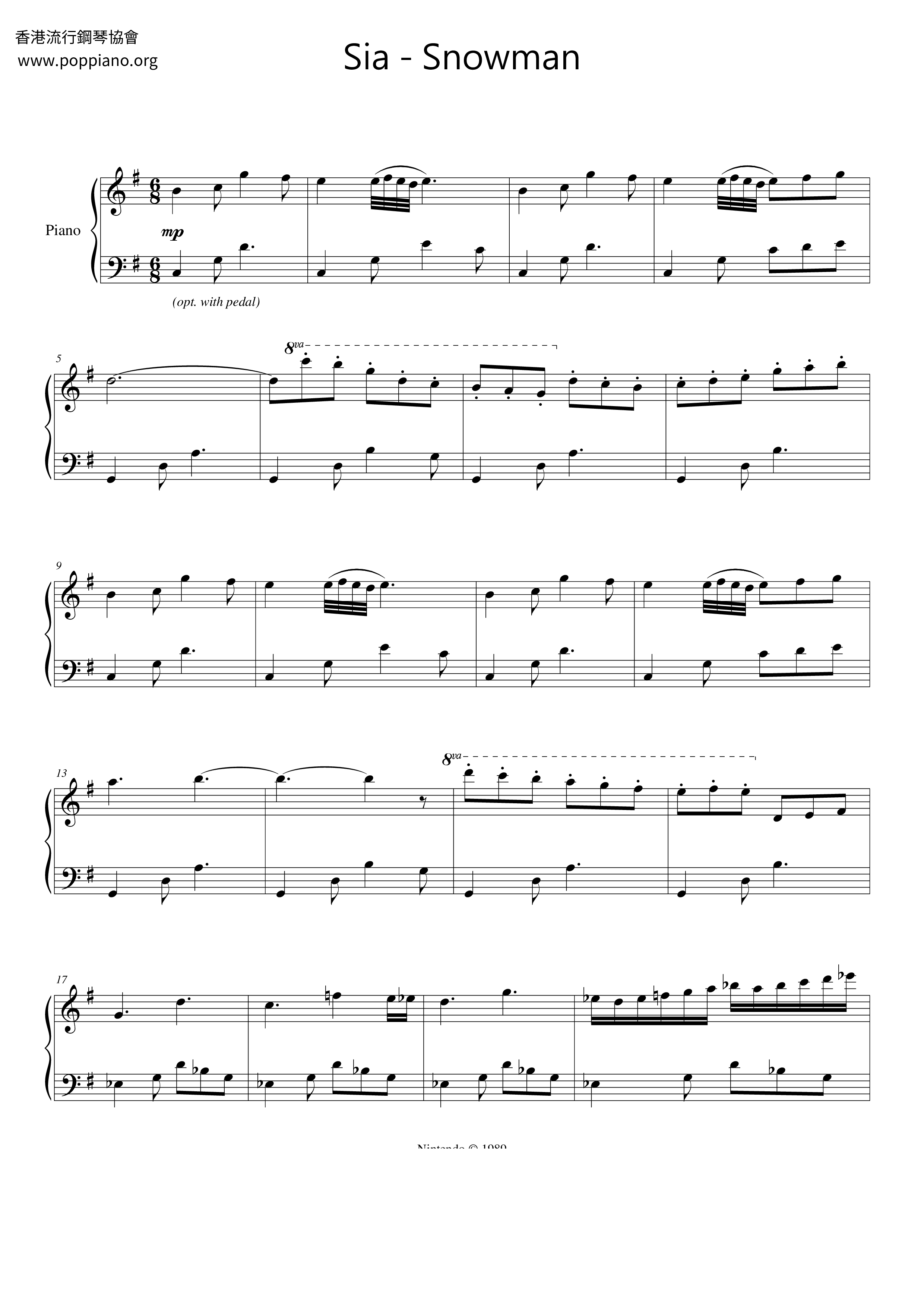 Snowman- PDF琴譜免費下載 | 香港流行鋼琴協會 ★