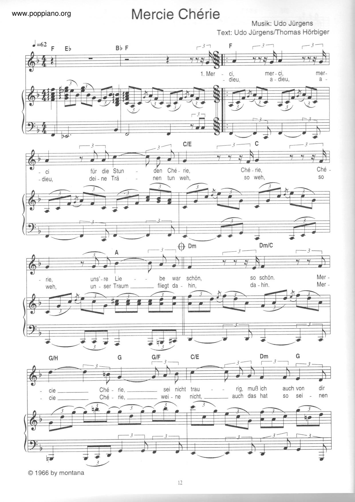 Udo Jürgens-Merci Cherie 琴谱/五线谱pdf-香港流行钢琴协会琴谱下载 ★