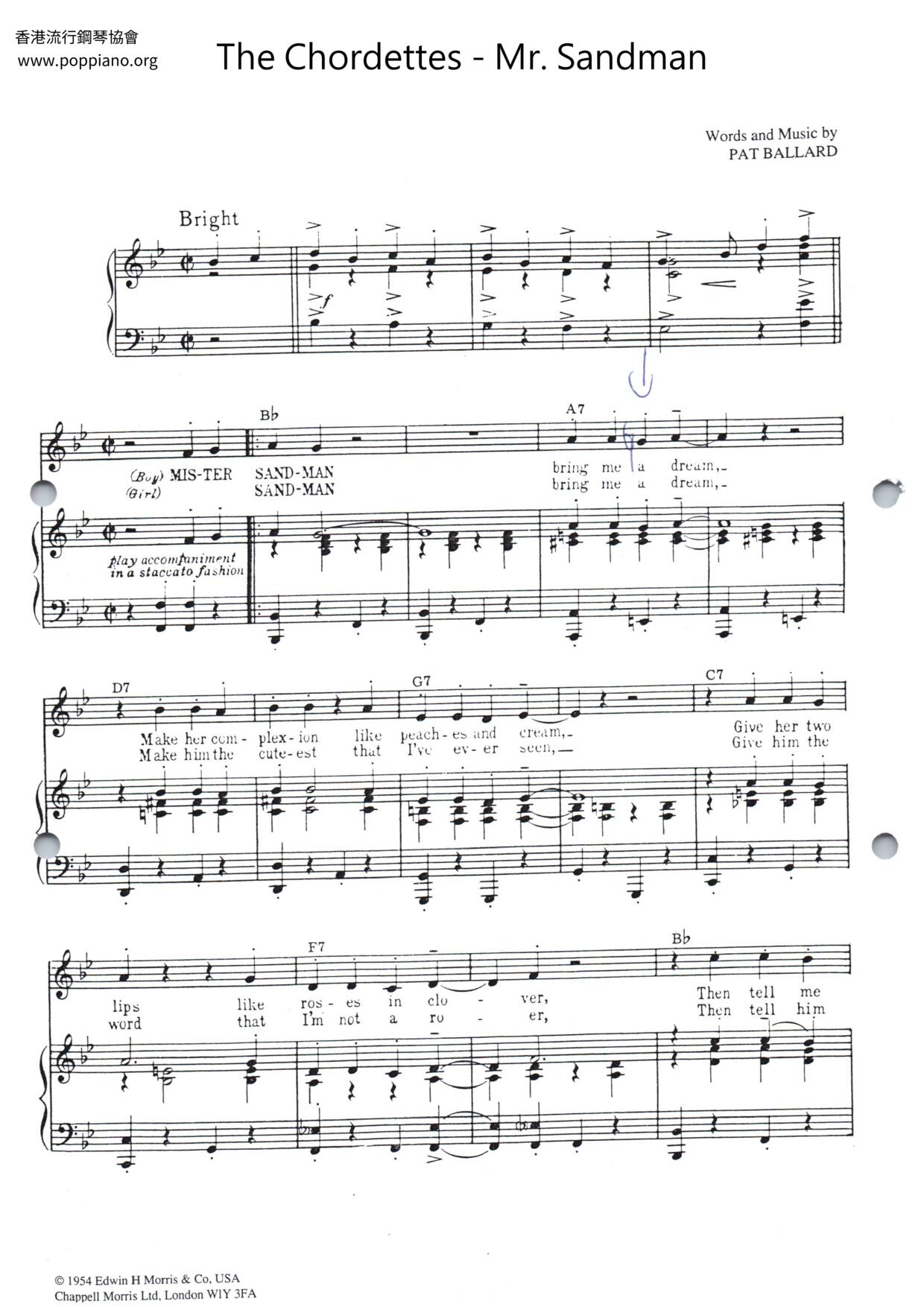 The Chordettes-Mister Sandman Sheet Music pdf, - Free Score Download ★